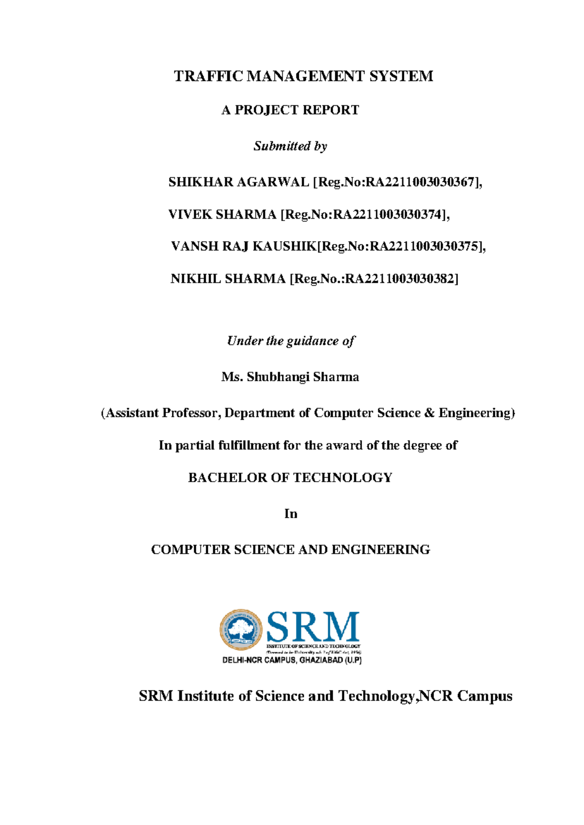 Traffic Management System Project Report - B.Tech CSE - Studocu