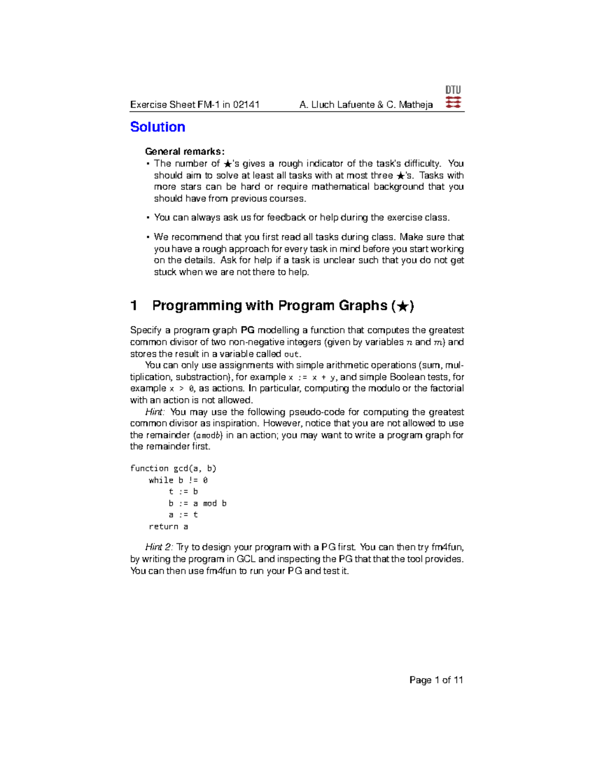 FM1 Exercise Sheet Solutions: Program Graphs & Semantics - Studocu