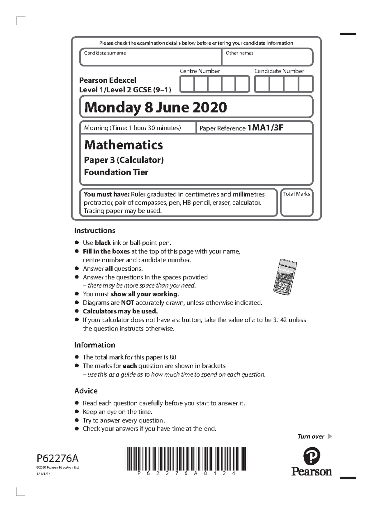 3F2020 - Edexcel GCSE Math Paper 3 Foundation Revision Guide - Studocu
