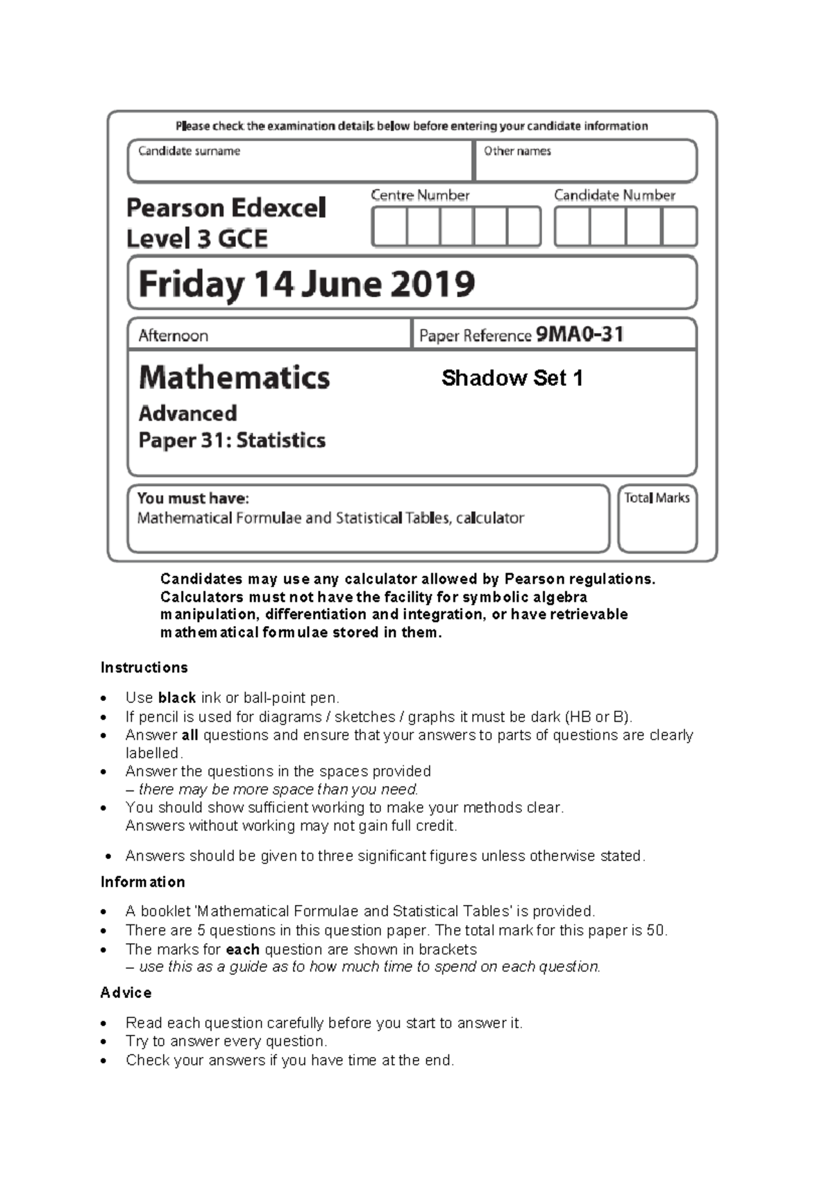 2019 Stats Shadow Set 1 Exam Instructions and Questions - Studocu