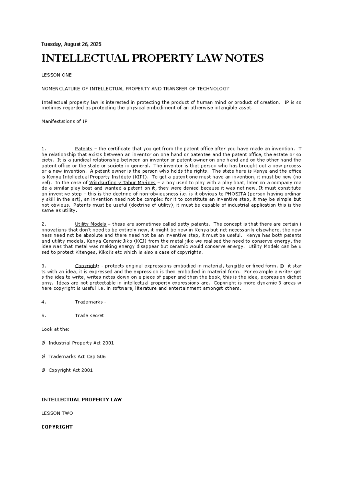 INTELLECTUAL PROPERTY LAW NOTES (IPL) - LESSON ONE: NOMENCLATURE ...