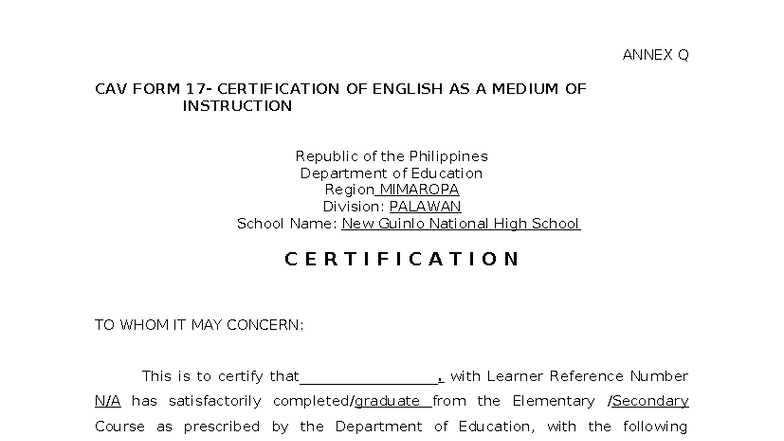 CAV FORM 17: Certification of English as Medium of Instruction - Studocu