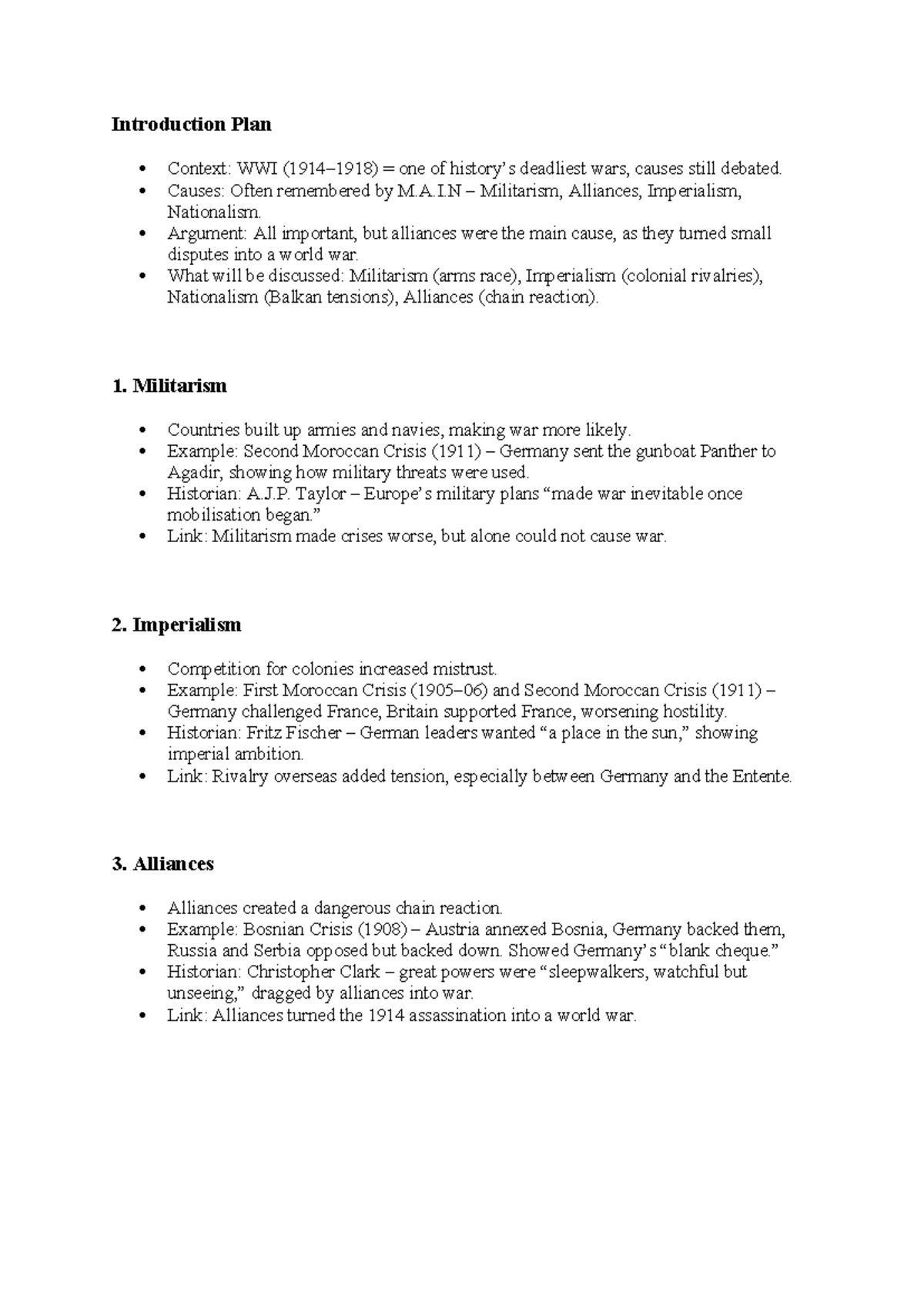 History Essay Plan: Analyzing WWI Causes - M.A.I.N Factors - Studocu