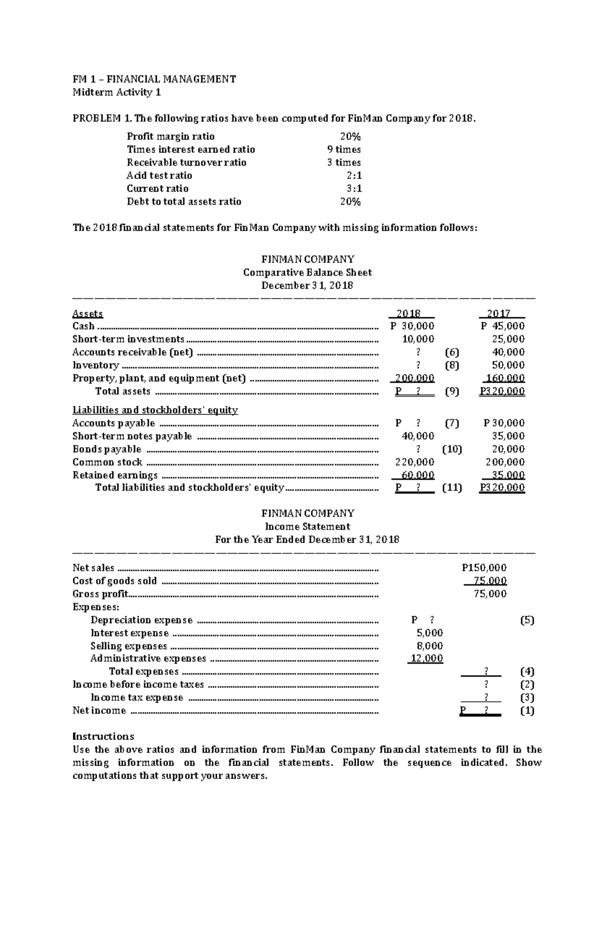 FM 1 Midterm Activity 1 - Financial Management Ratios Analysis - Studocu
