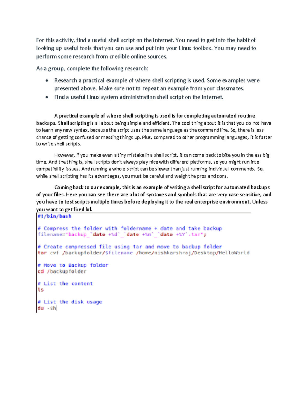 CS101 In-Class Activity: Researching Shell Scripting Examples - Studocu