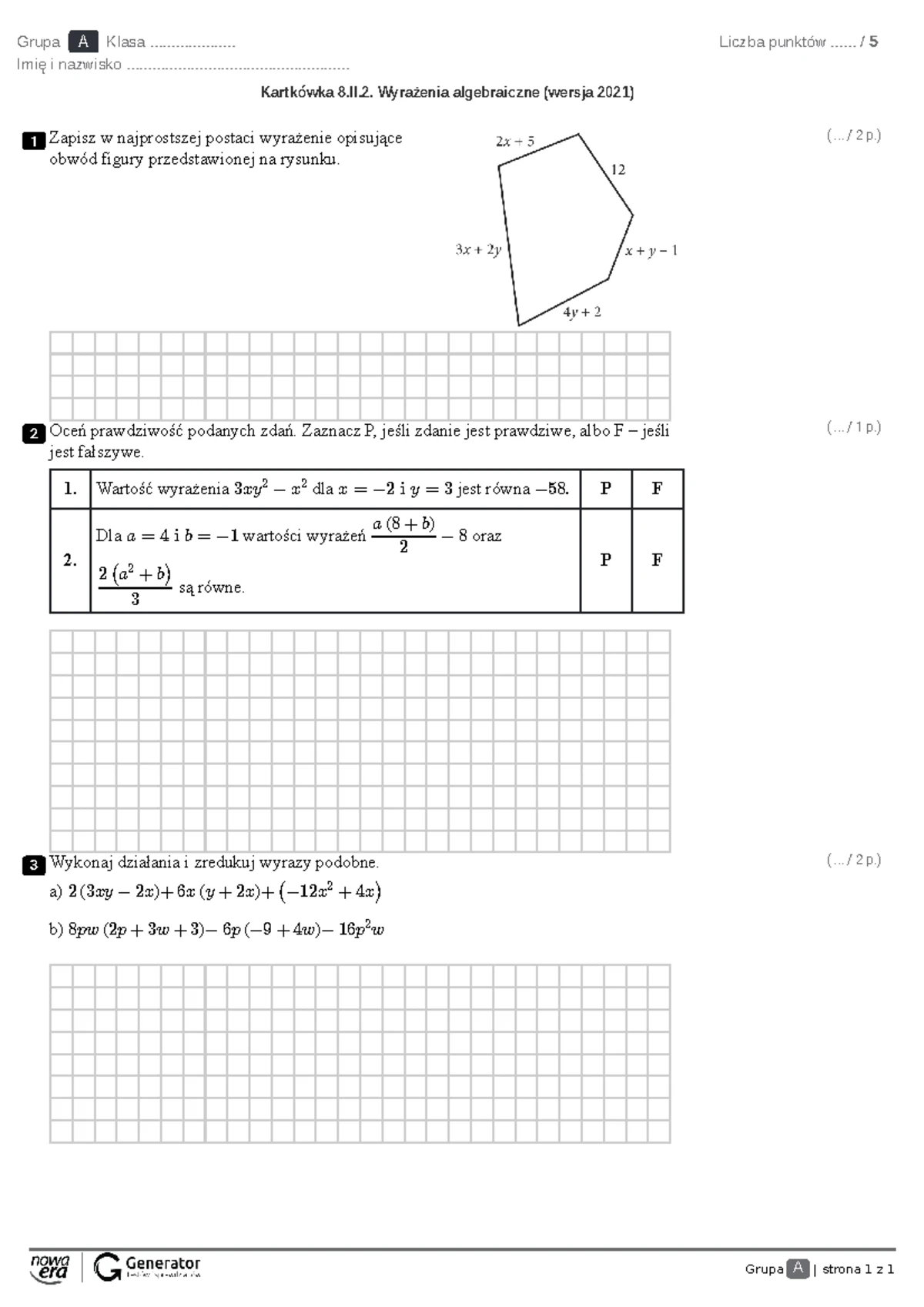 Klasówka 7.IV.P. Wyrażenia algebraiczne (wersja 2020) (kopia) Test (z ...