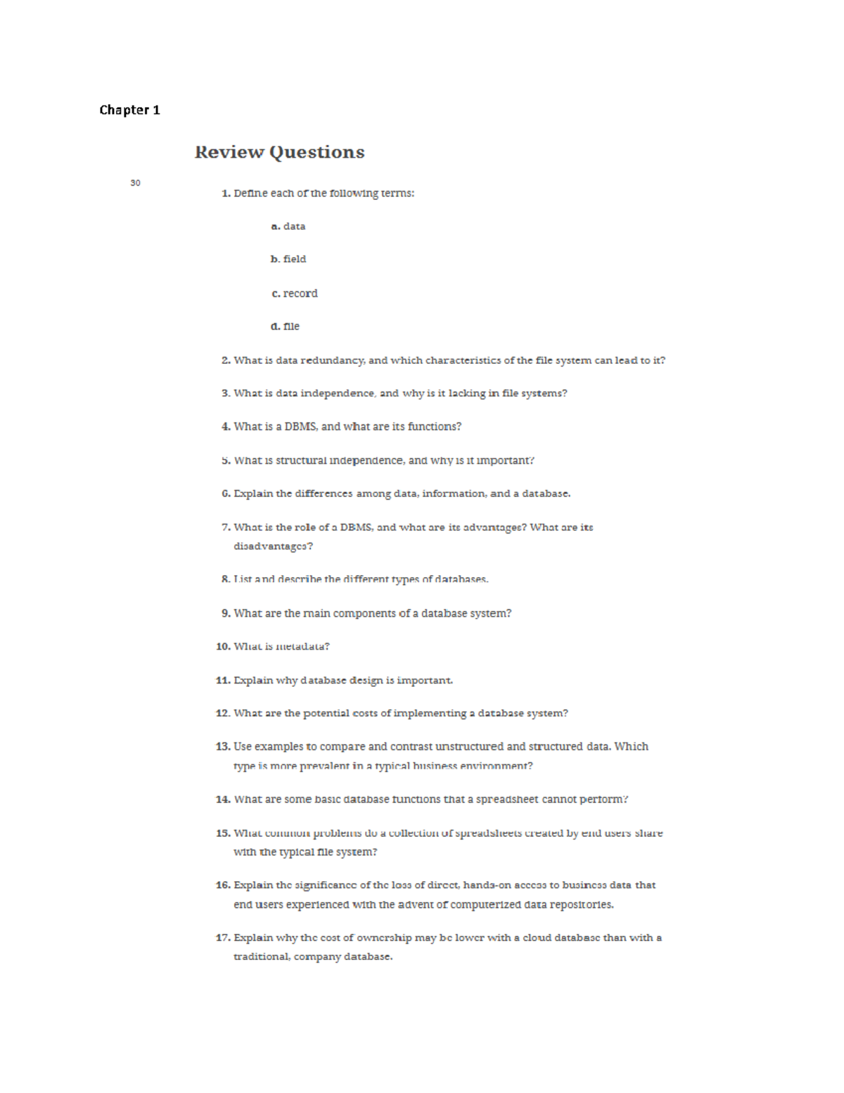 Chapter 1 & 2 Review Questions for DBMS (CS101) - Key Concepts ...