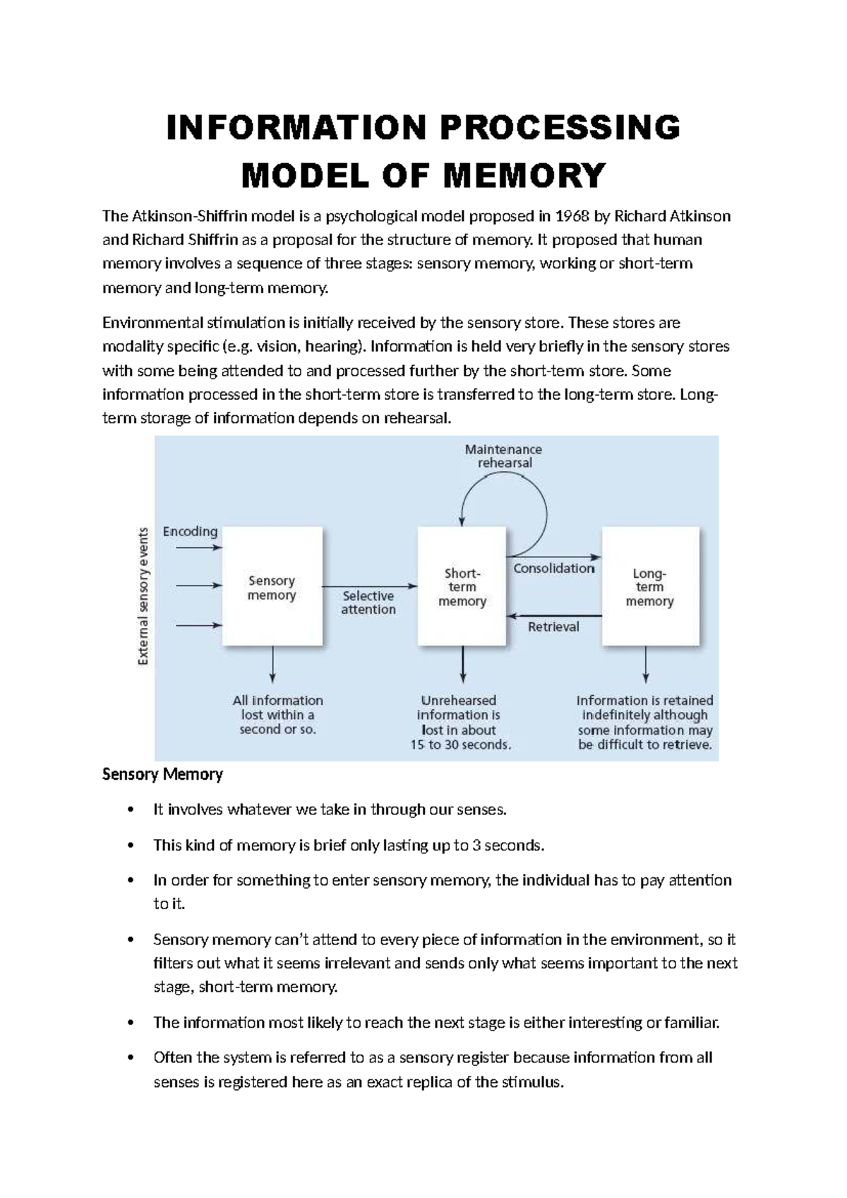 INFORMATION PROCESSING MODEL OF MEMORY: A Psychological Overview - Studocu
