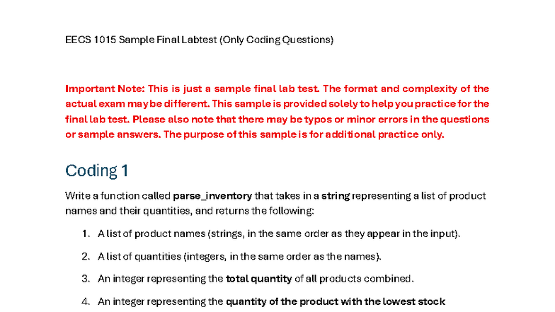 EECS 1015 Sample Final Labtest - Coding Questions Only - Studocu