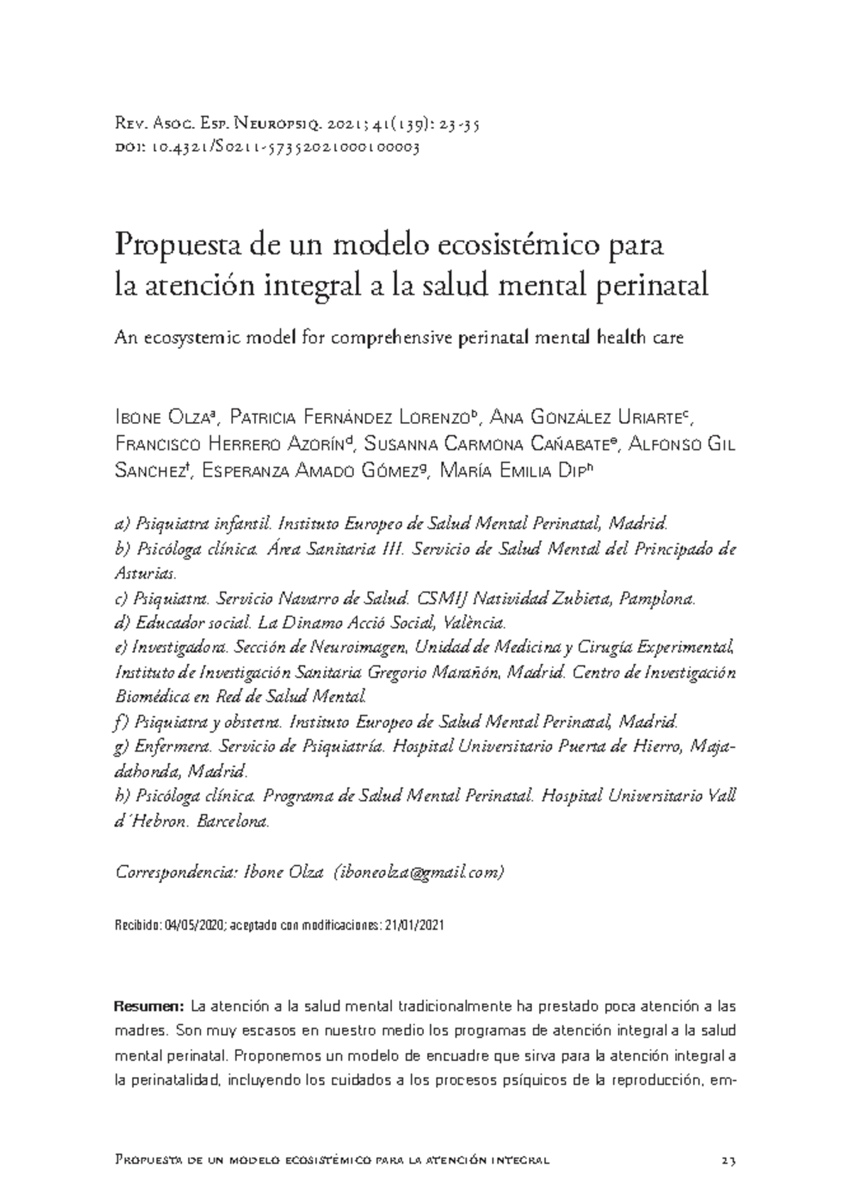 Propuesta de un Modelo Ecosistémico en Salud Mental Perinatal: Atención ...