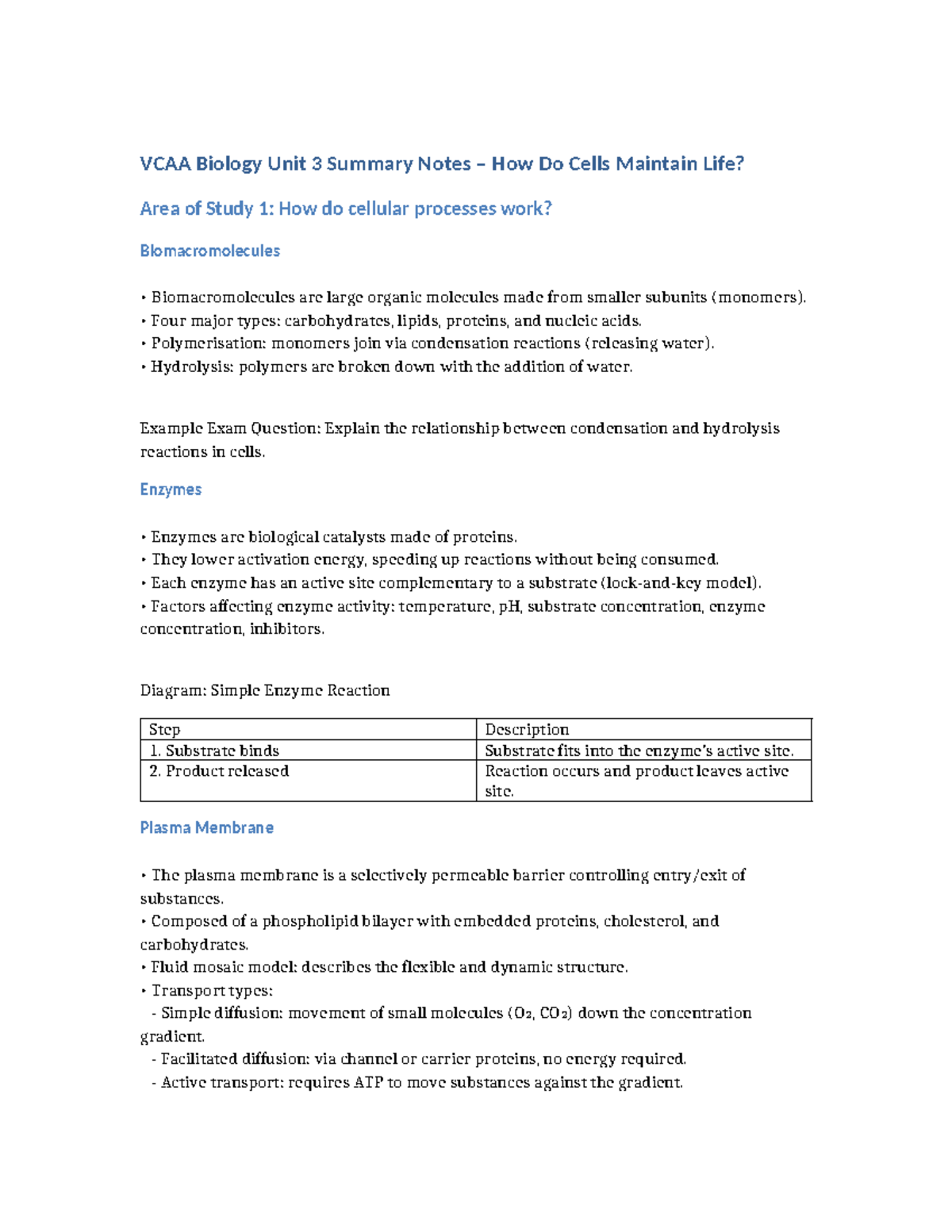 VCAA Biology Unit 3 Summary Notes: Cellular Processes & Life - Studocu