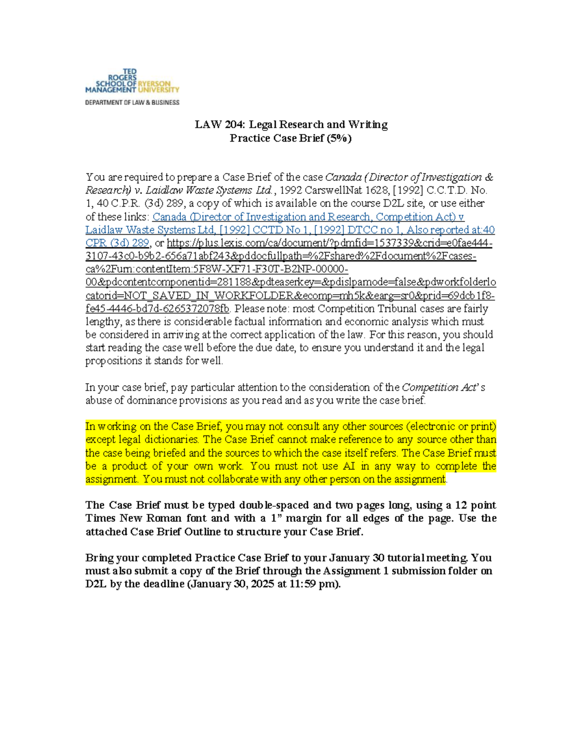 LAW 204: Practice Case Brief on Canada v. Laidlaw Waste Systems - Studocu