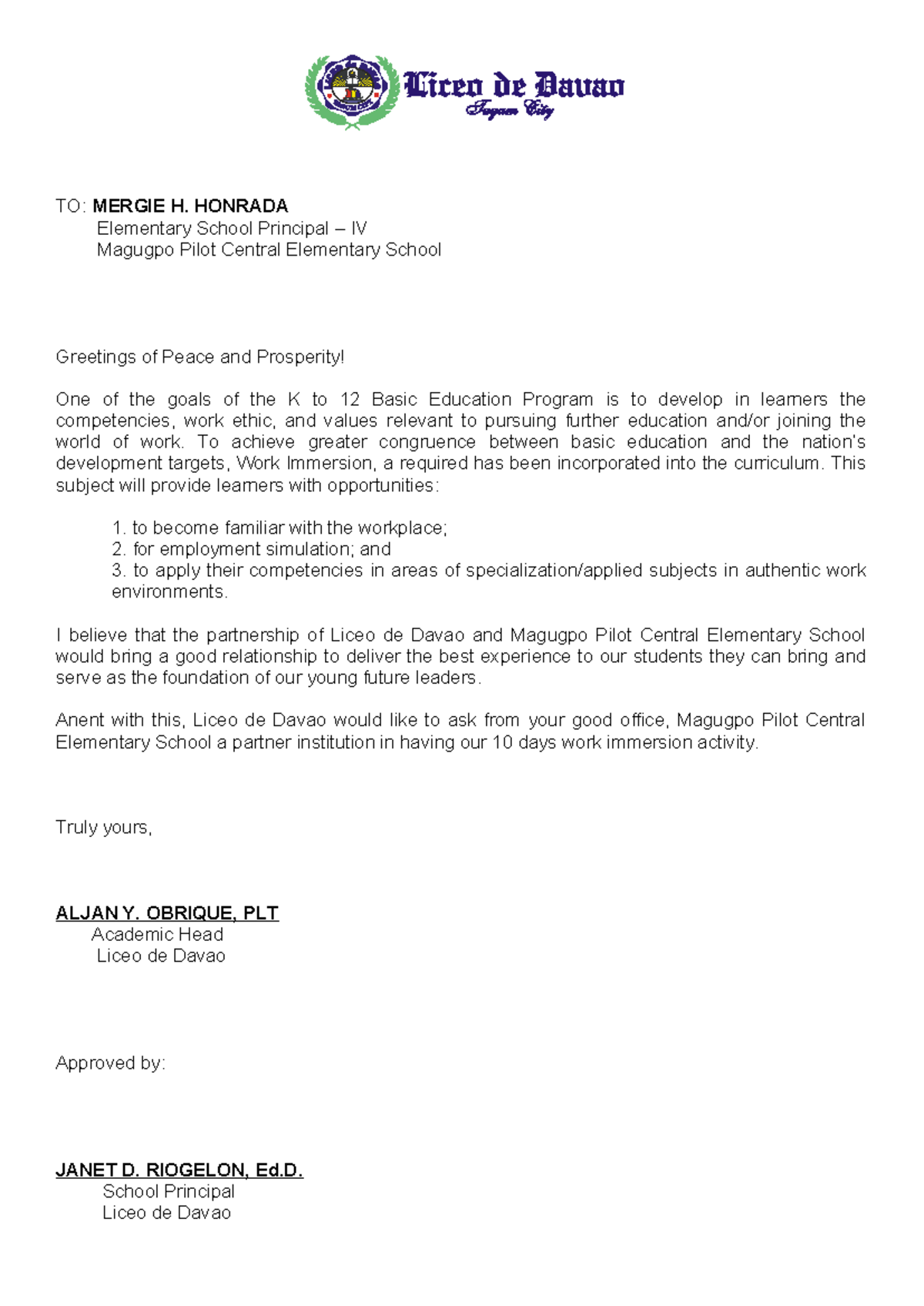 Letter of Intent for Work Immersion Program Collaboration - Studocu