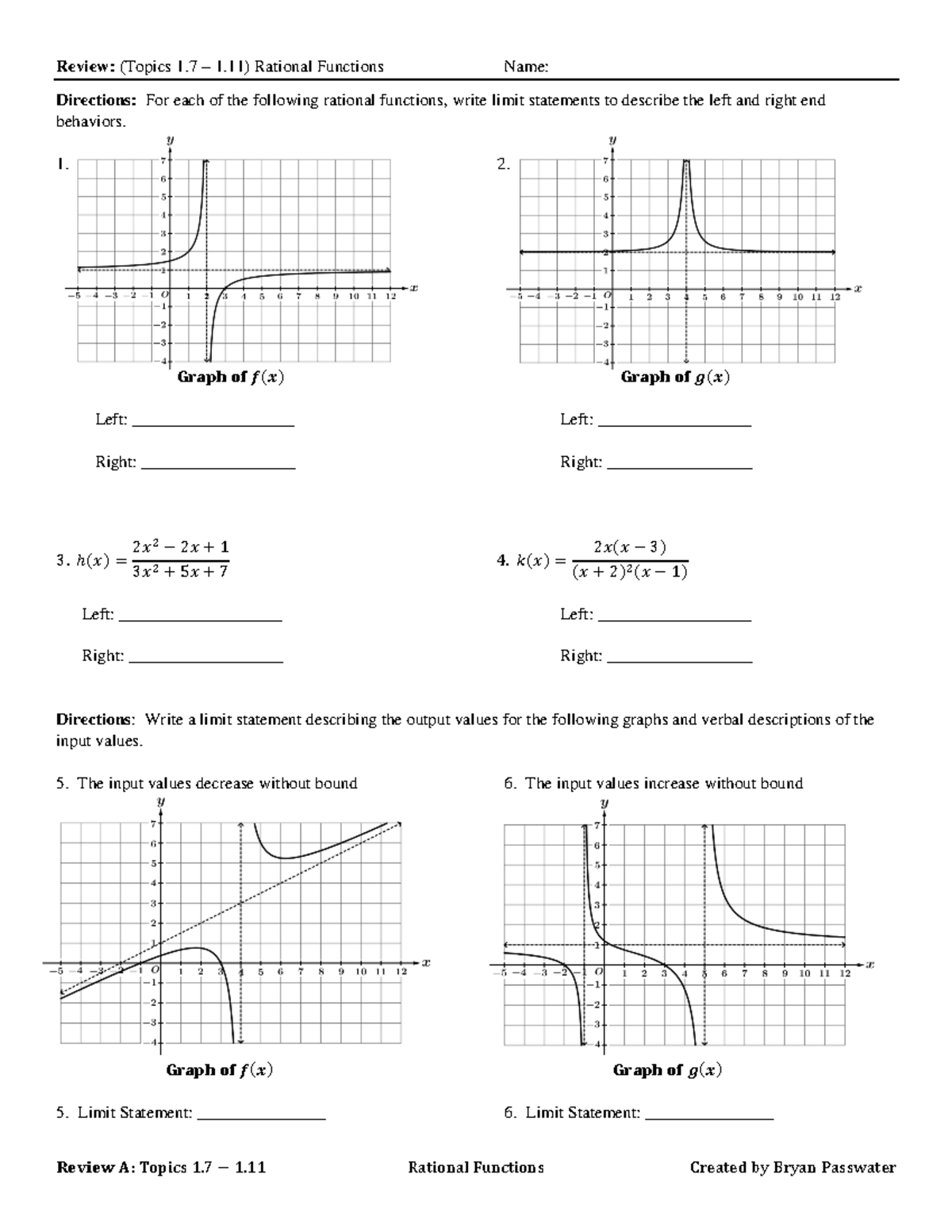 Rational Functions Review: Limits and Asymptotes (Topics 1.7 - 1.11 ...