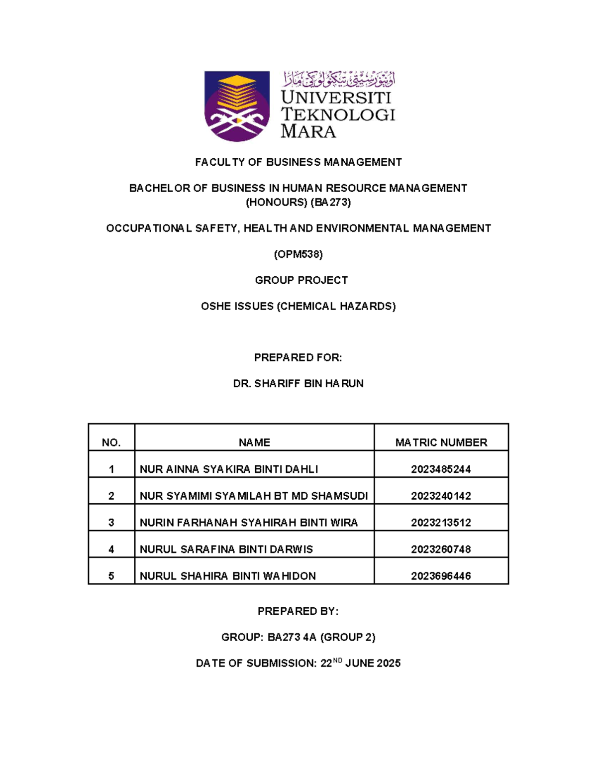 BA273 OPM538 Group Project: Chemical Hazards in OSHE Management - Studocu