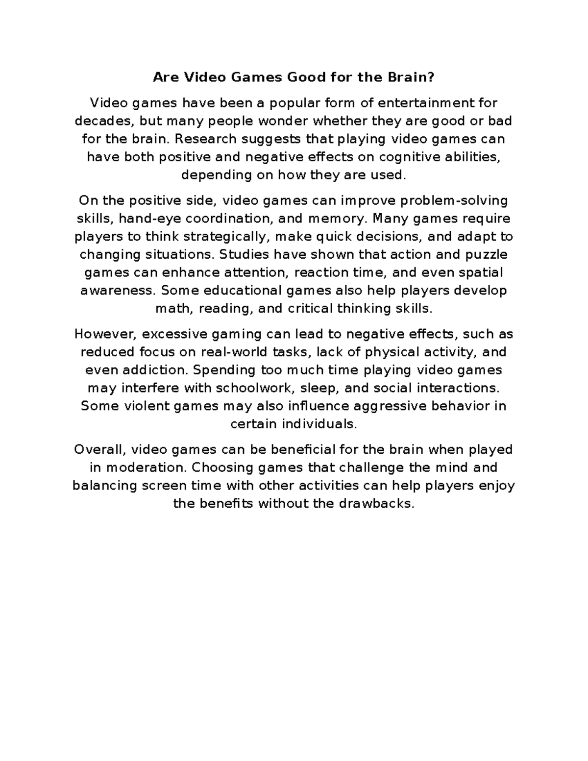 Passage-Are Video Games Good for the Brain - Are Video Games Good for ...