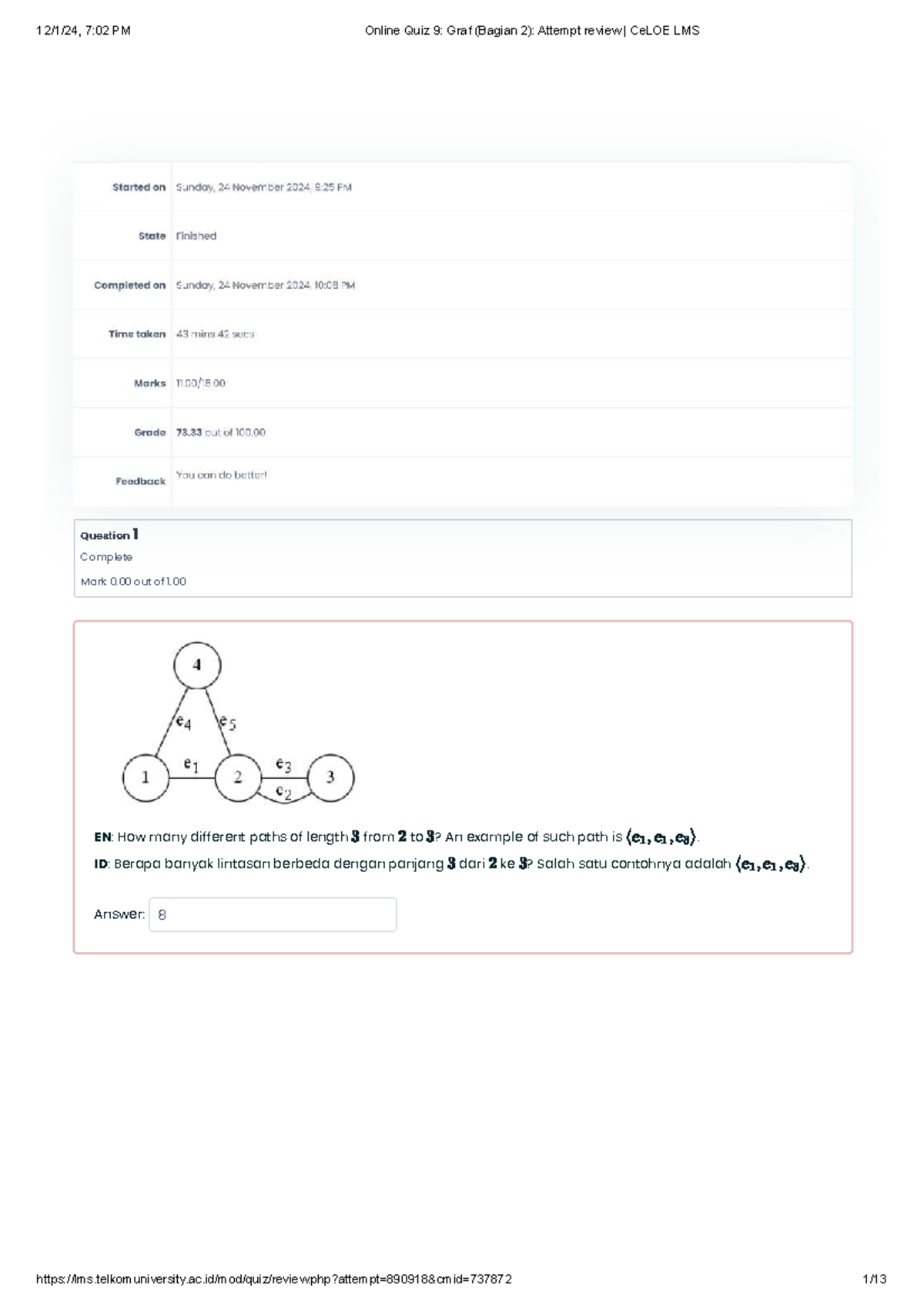 Quiz 9 Attempt Review: Graf (Bagian 2) - CeLOE LMS - Studocu