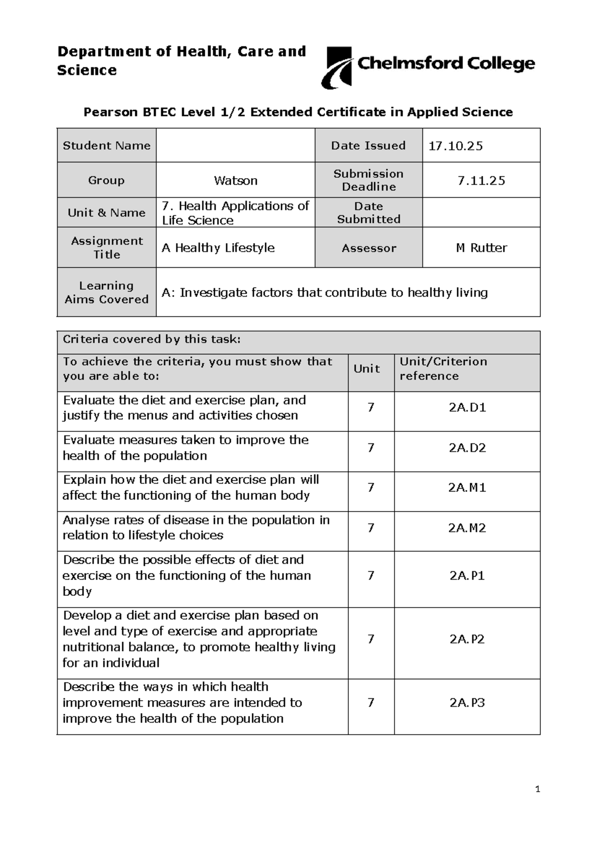 BTEC Level 2 Applied Science Unit 7: A Healthy Lifestyle Report - Studocu