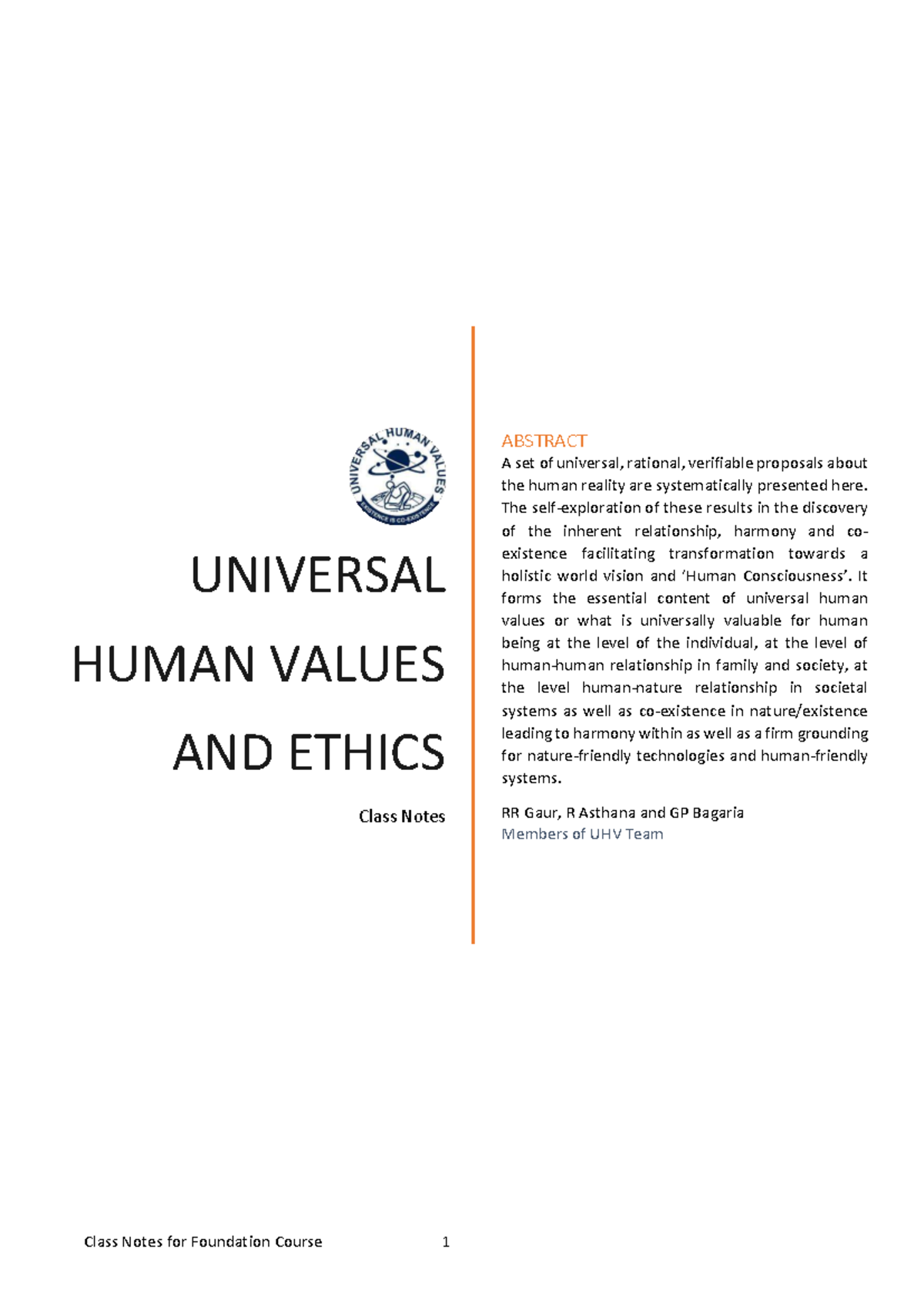 Foundation Course 1: Class Notes on Universal Human Values and Ethics ...