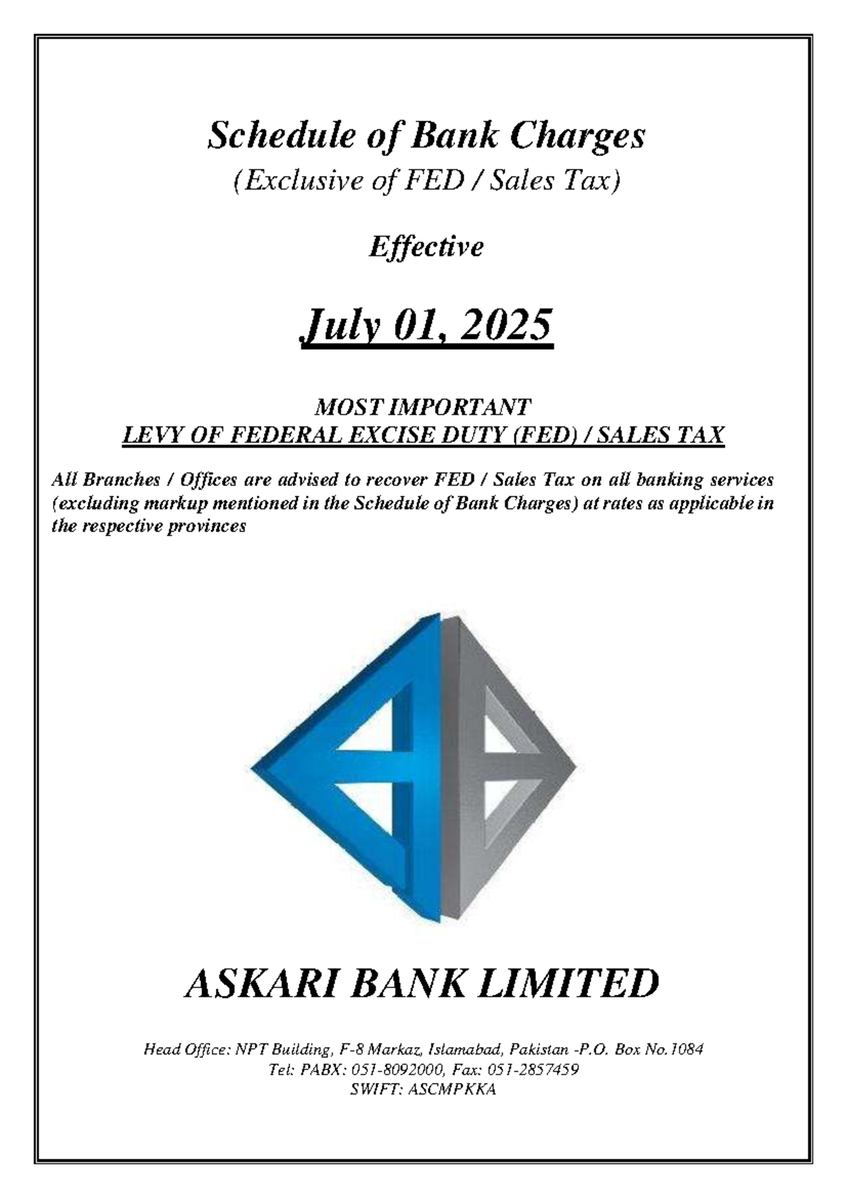 Schedule of Bank Charges (Excl. FED Sales Tax) Effective July 2025 ...