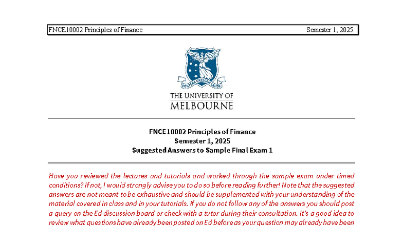 Sample Final Exam 1 Answers - Principles of Finance Sem 1, 2025 - Studocu