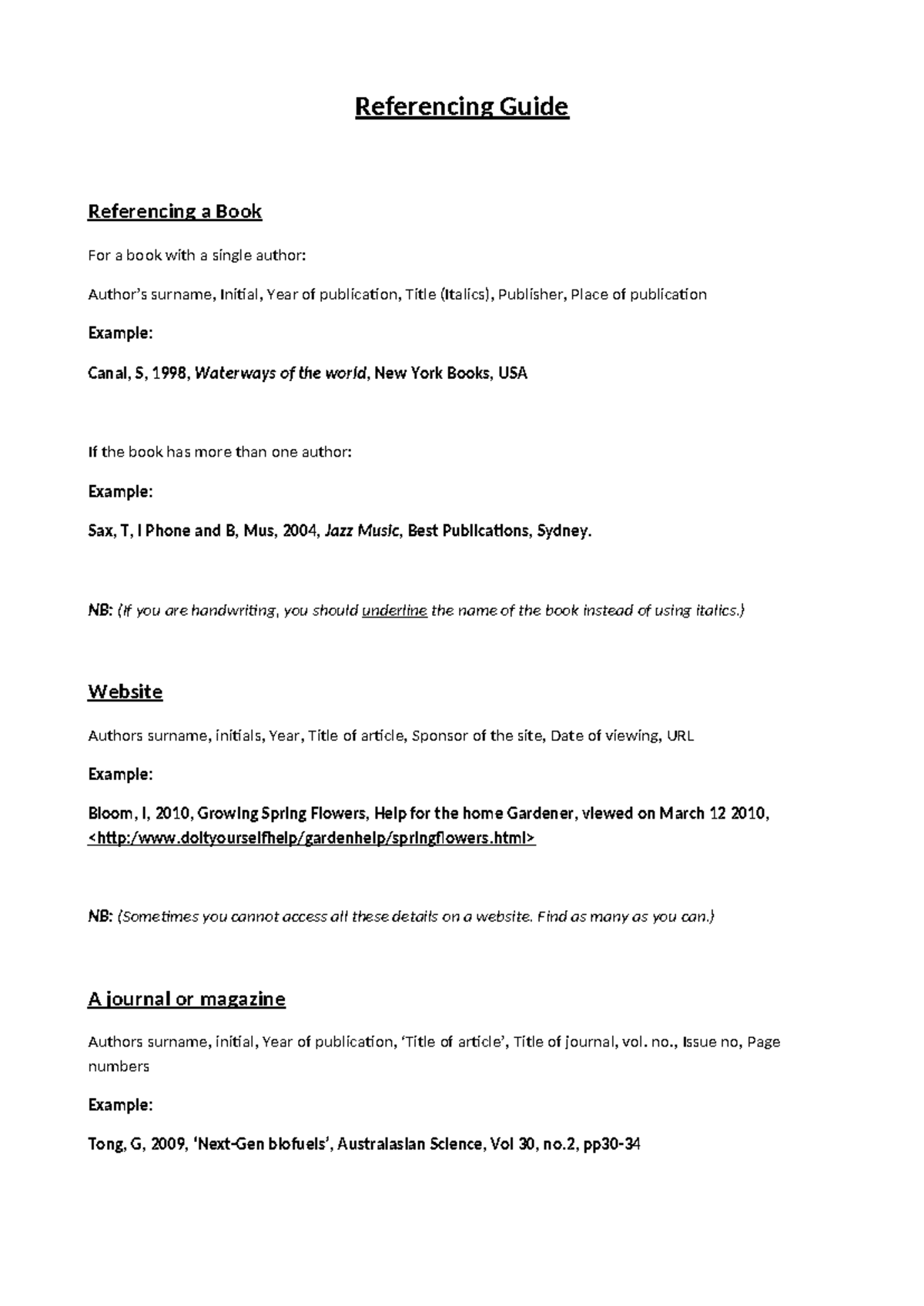 Referencing guide: effective notes for books, websites, and journals ...