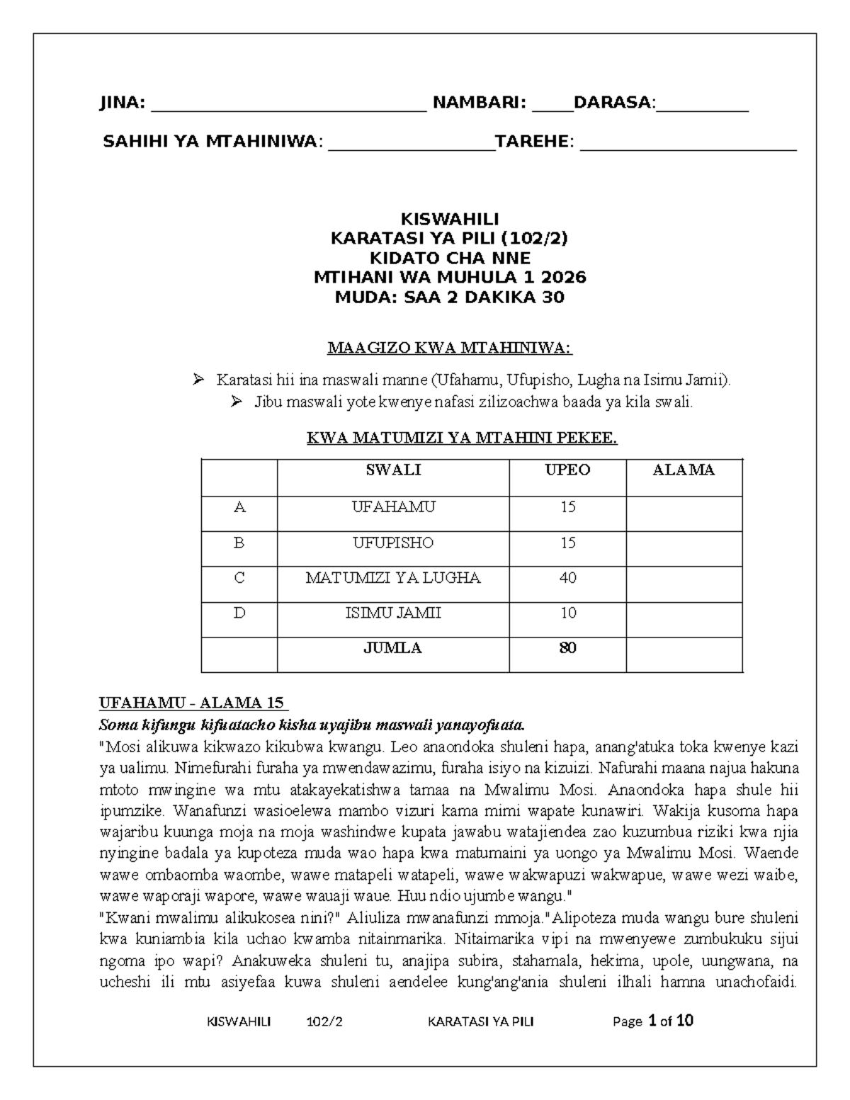 KISWAHILI KARATASI YA PILI KIDATO CHA NNE MTIHANI WA MUHULA 1 2026 ...