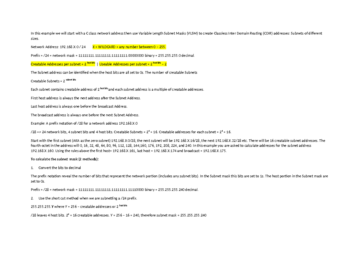 Subnetting VLSM & CIDR Cheat Sheet for Networking (CS101) - Studocu