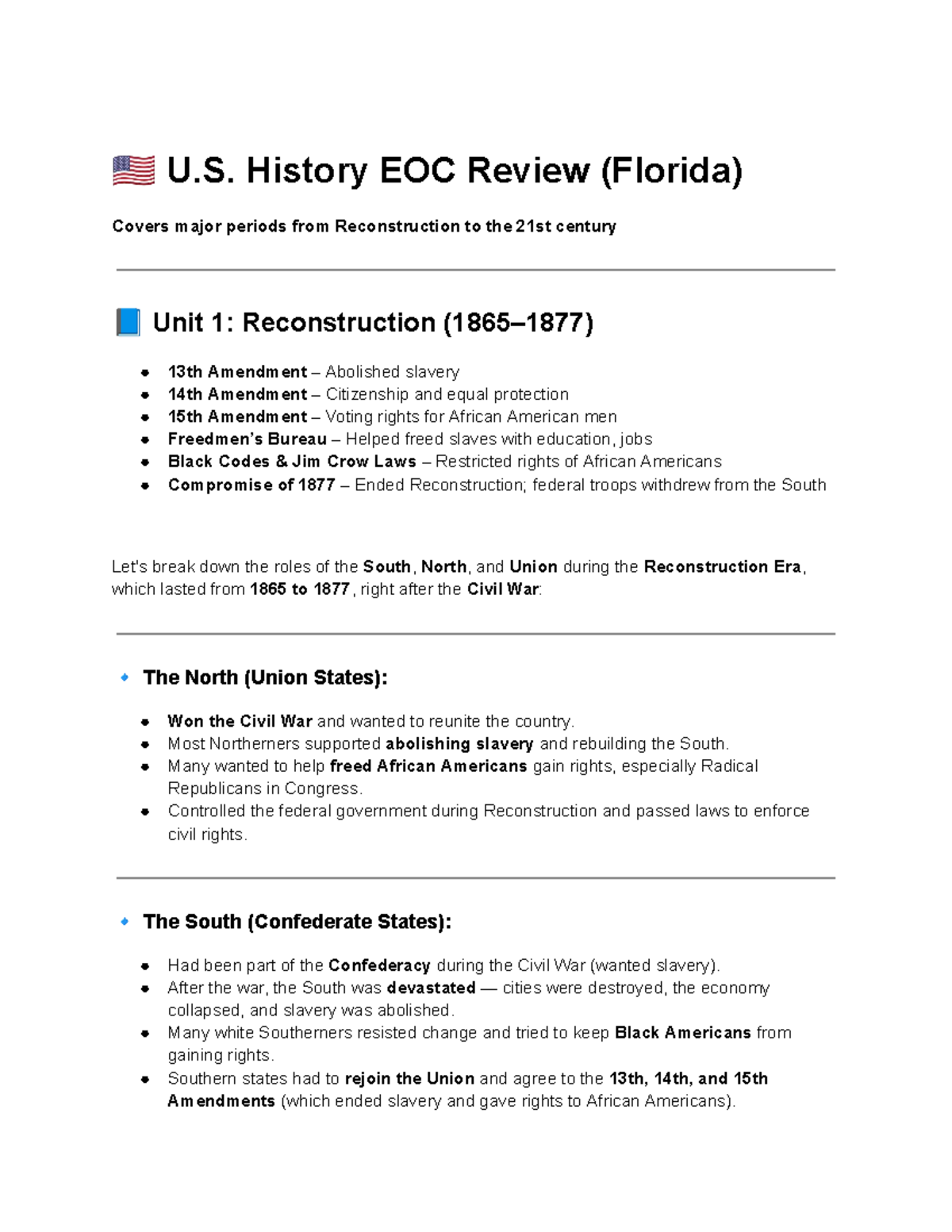 U.S. History EOC Review: Key Events from Reconstruction to Present ...