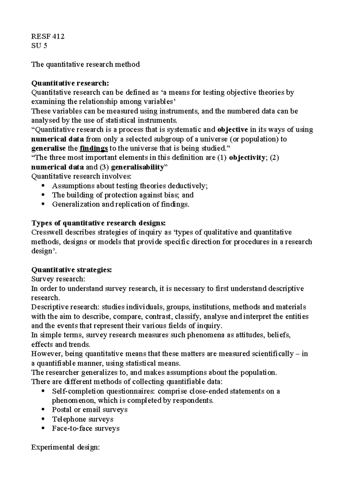 RESF 412 SU 4 - RESF 412 SU 4 Summary - RESF 412 SU 4 The qualitative research method Elements ...