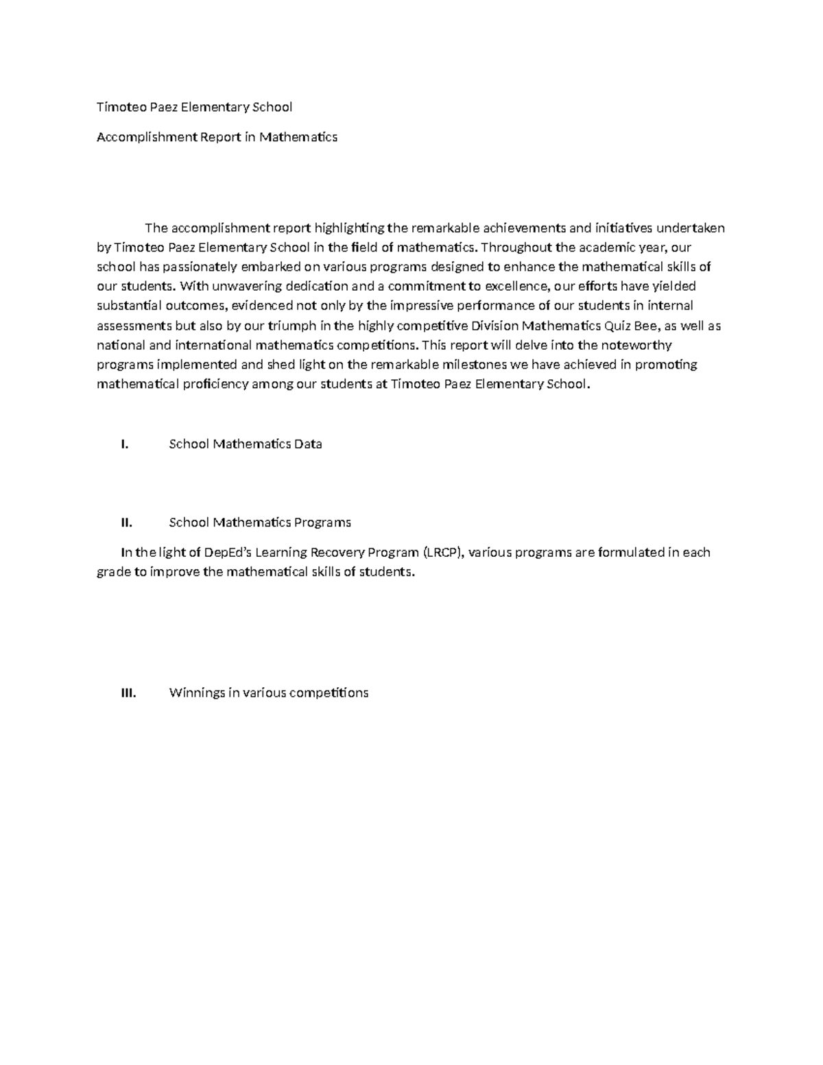 Accomplishment Report: Timoteo Paez Elementary School in Math - Studocu