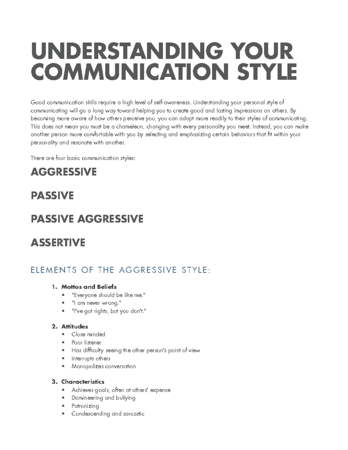COMMUNICATION STYLES: UNDERSTANDING AGGRESSIVE, PASSIVE, & ASSERTIVE - Studocu