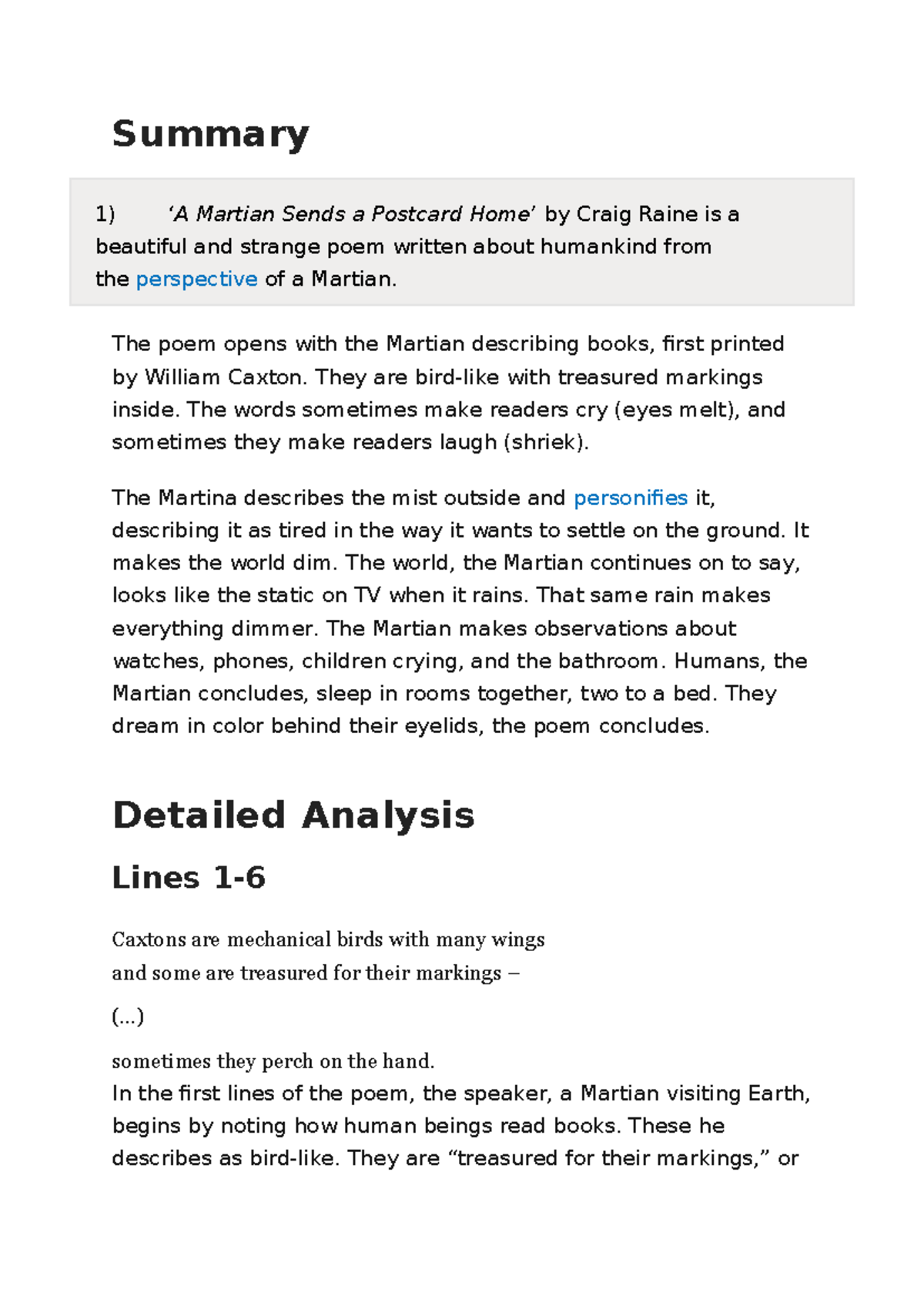 ENG 101: Analysis of "A Martian Sends a Postcard Home" Poem - Studocu
