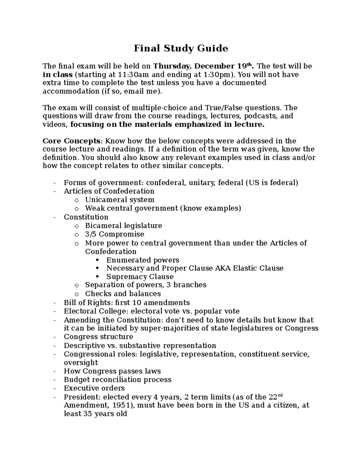 Final Study Guide F2024 - Final Study Guide The final exam will be held ...