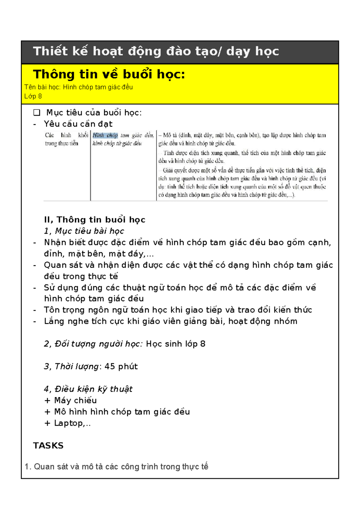 Thiết kế Hoạt Động Dạy Học Hình Chóp Tam Giác Đều - Lớp 8 - Studocu