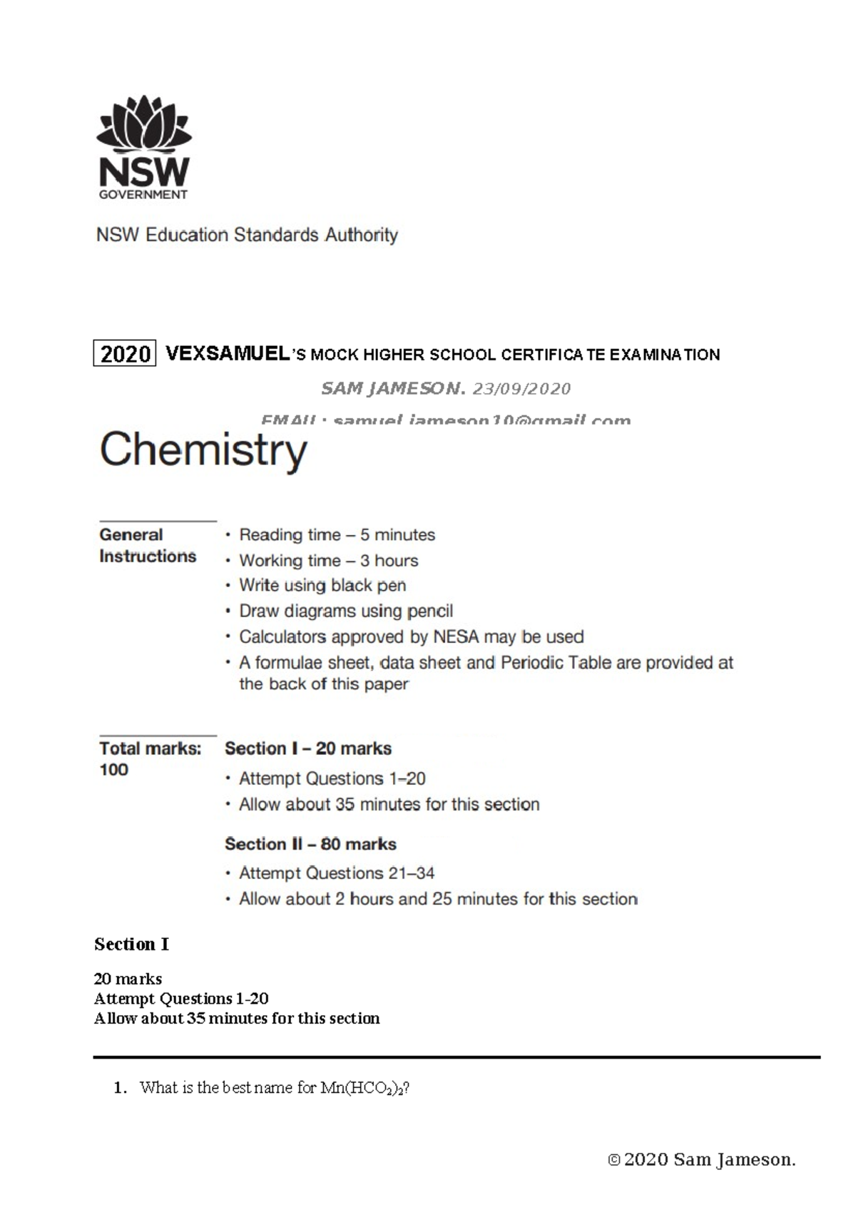 2020 MOCK HIGHER SCHOOL CERTIFICATE EXAMINATION - CHEMISTRY REVIEW ...