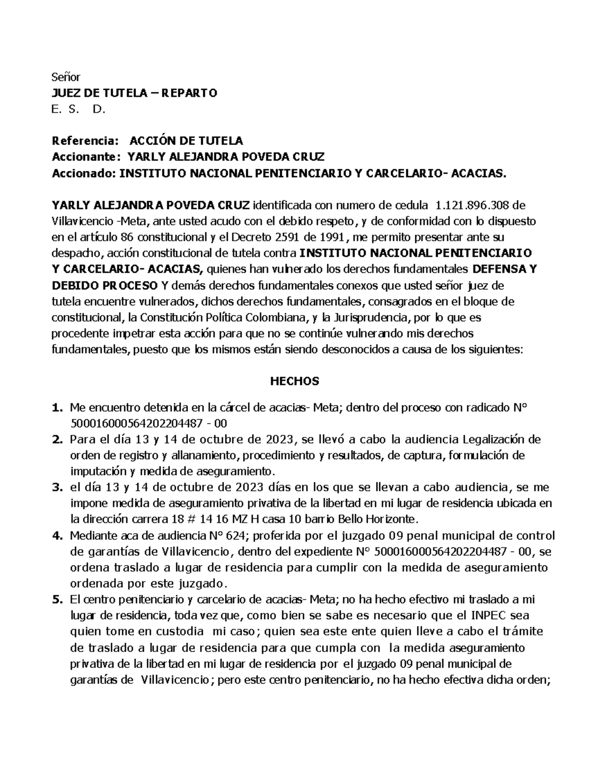 Tutela Constitucional: Yarly Alejandra Poveda CRUZ vs. INPEC - Studocu