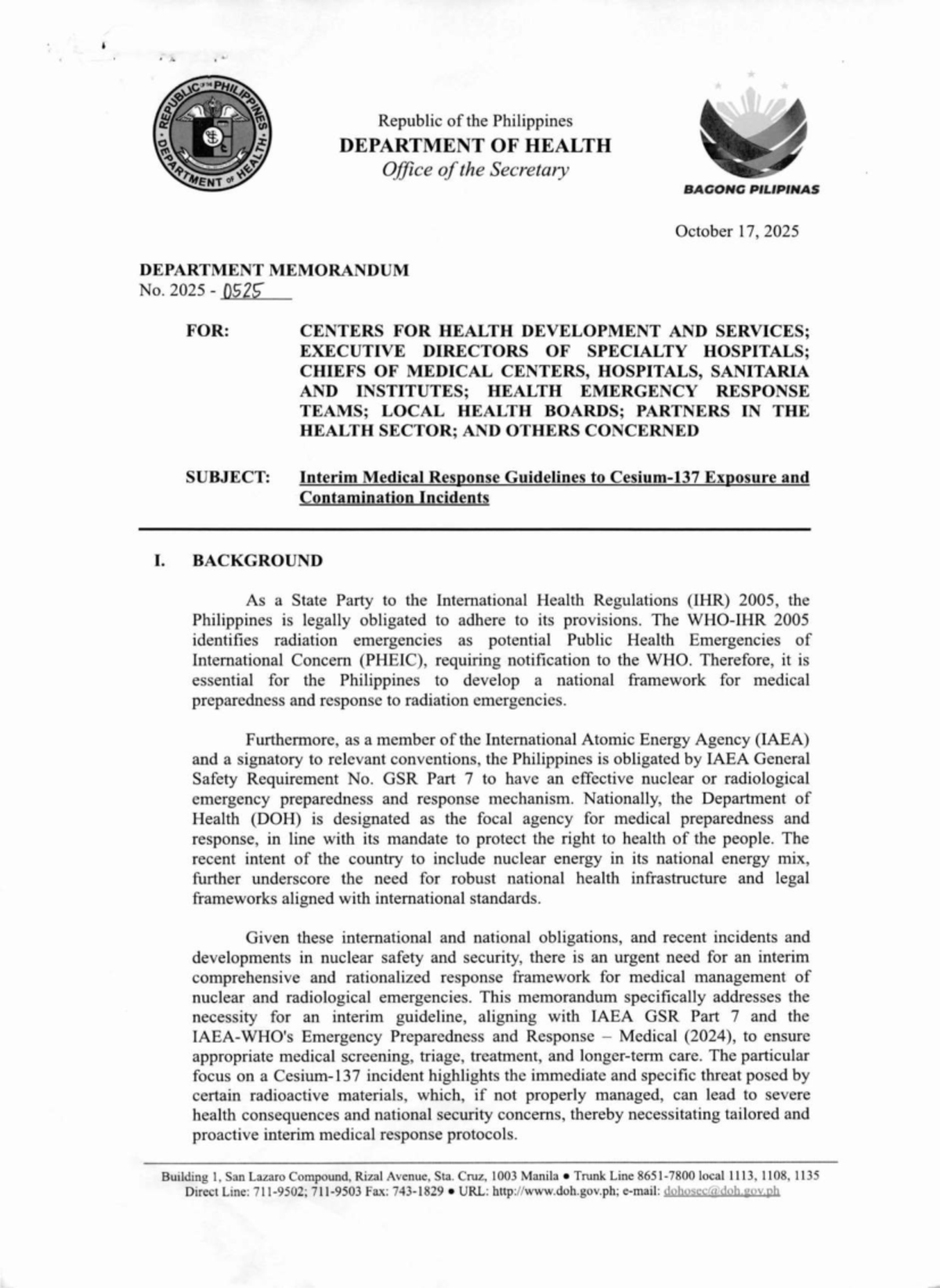 Interim Medical Response Guidelines for Radiation Emergencies (DM 2025 ...