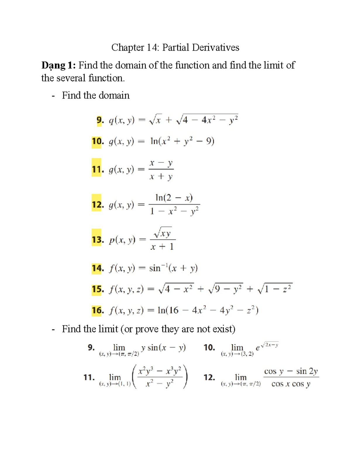 Chapter 14-Final Review - Chapter 14: Partial Derivatives Dạng 1: Find ...