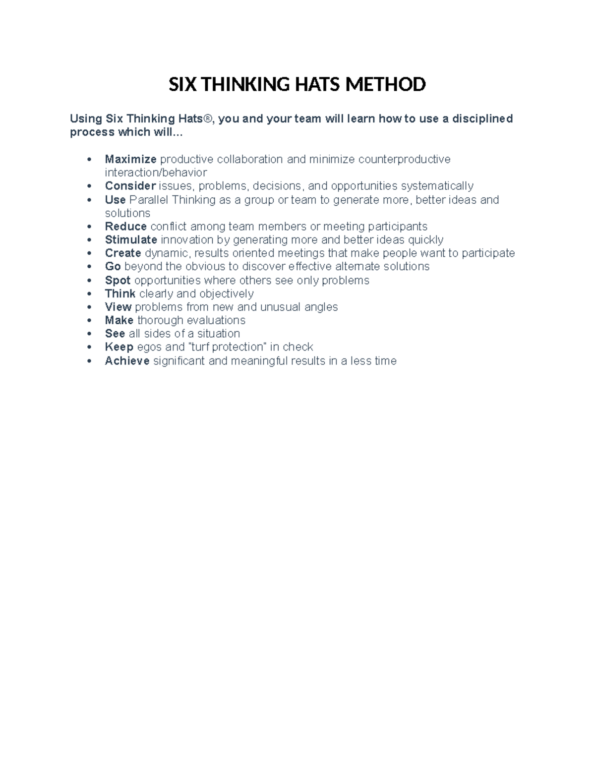 SIX Thinking HATS® Method for Enhanced Team Collaboration - Studocu