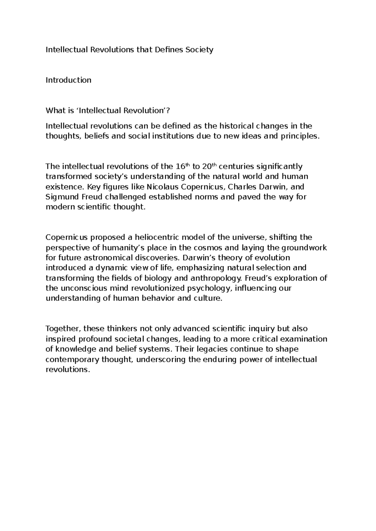 Intro-STS - Intellectual Revolutions: Copernicus & Beyond Review - Studocu