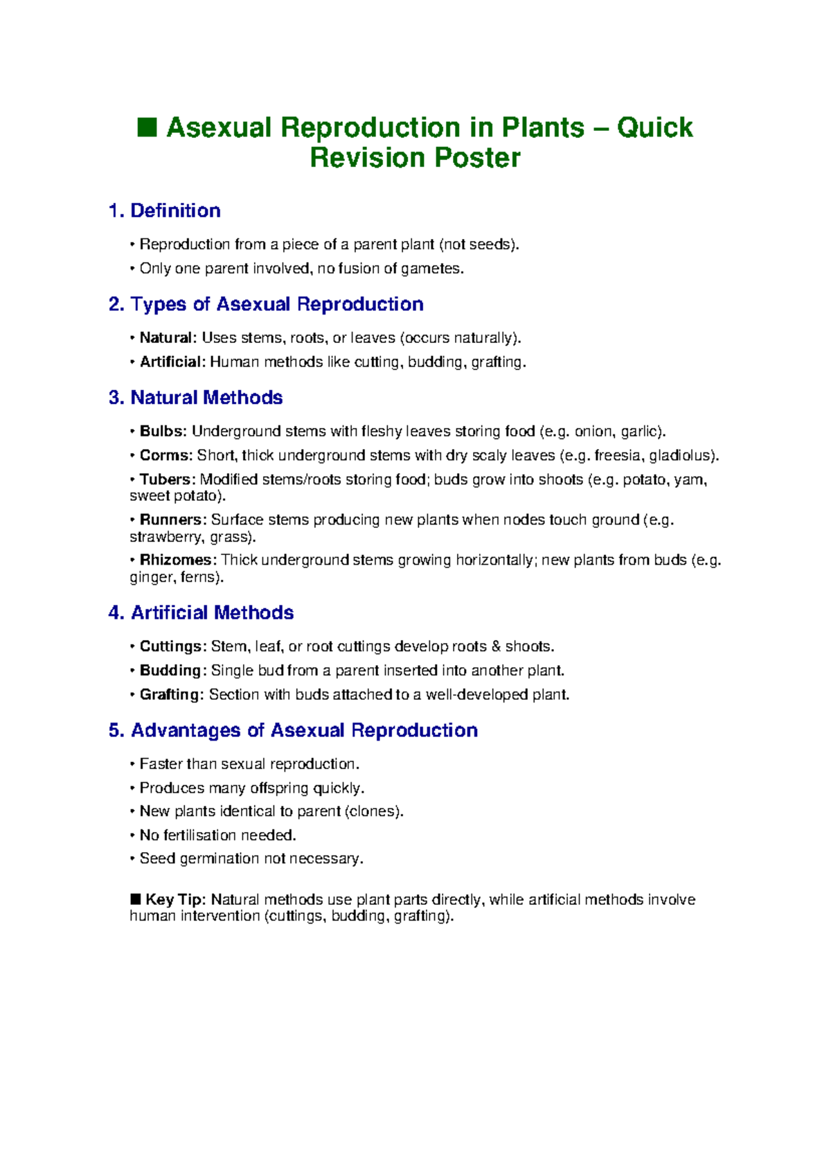 Asexual Reproduction in Plants: Quick Revision Guide - Studocu