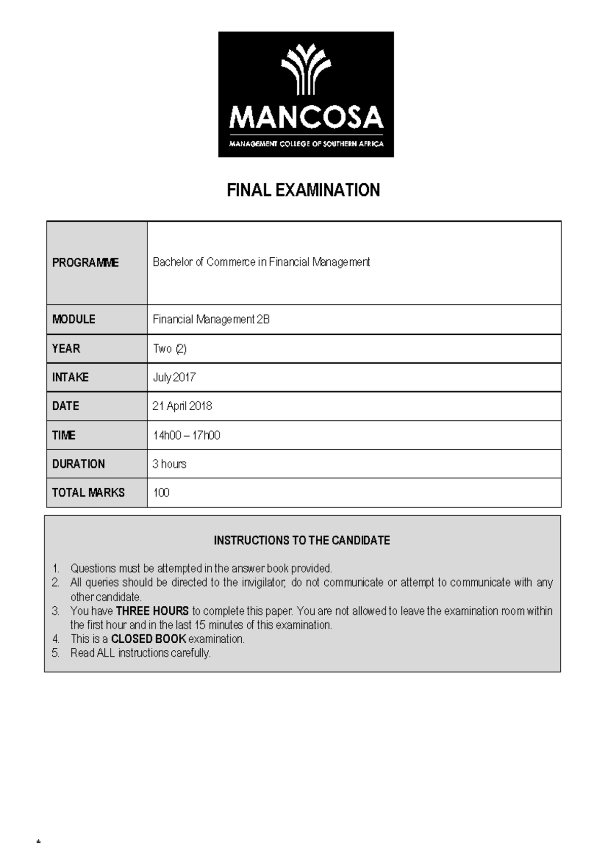 FINAL EXAMINATION: Financial Management 2B - April 2018 - Studocu