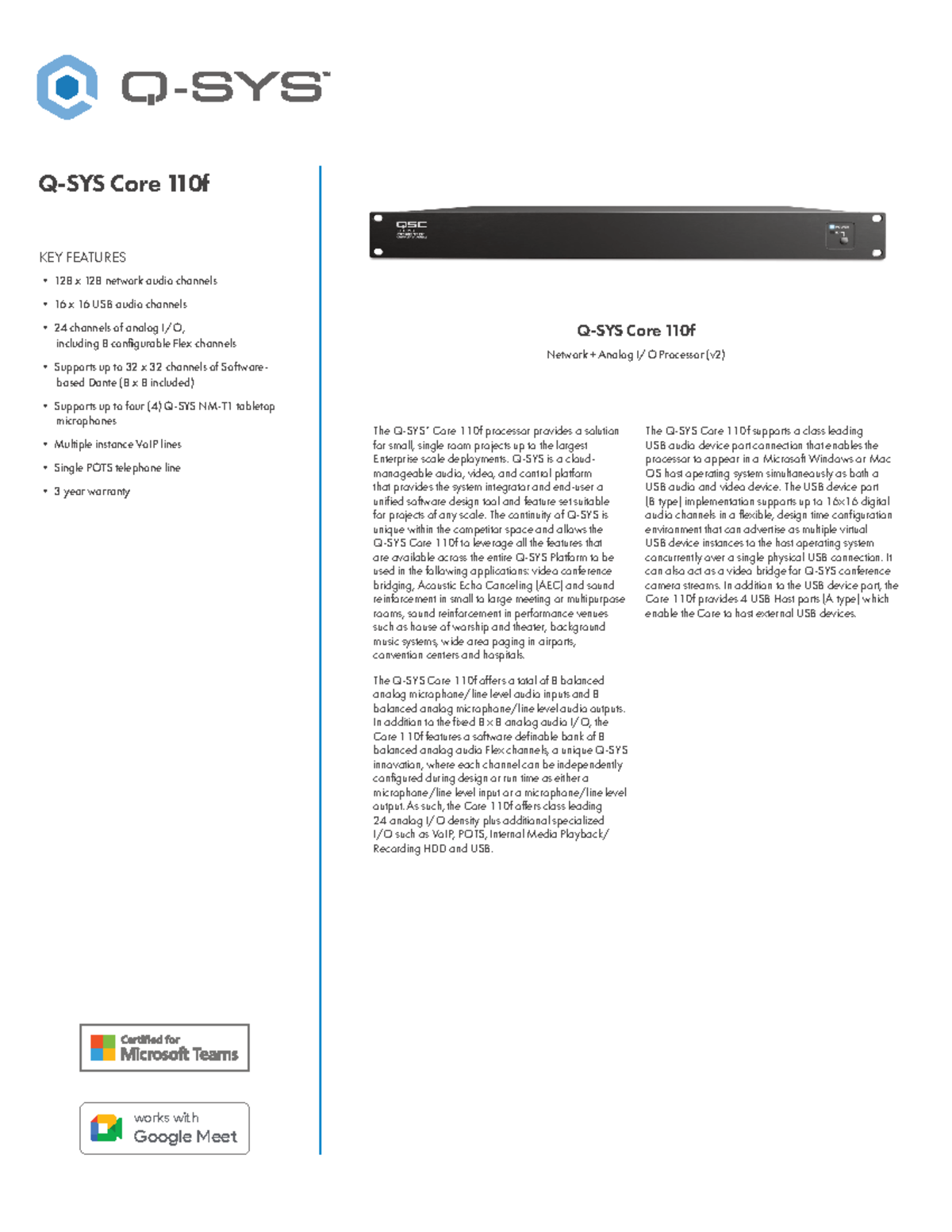 DSP core 110f specs - ]; u uyb ubo - The Q-SYS™ Core 110f processor ...