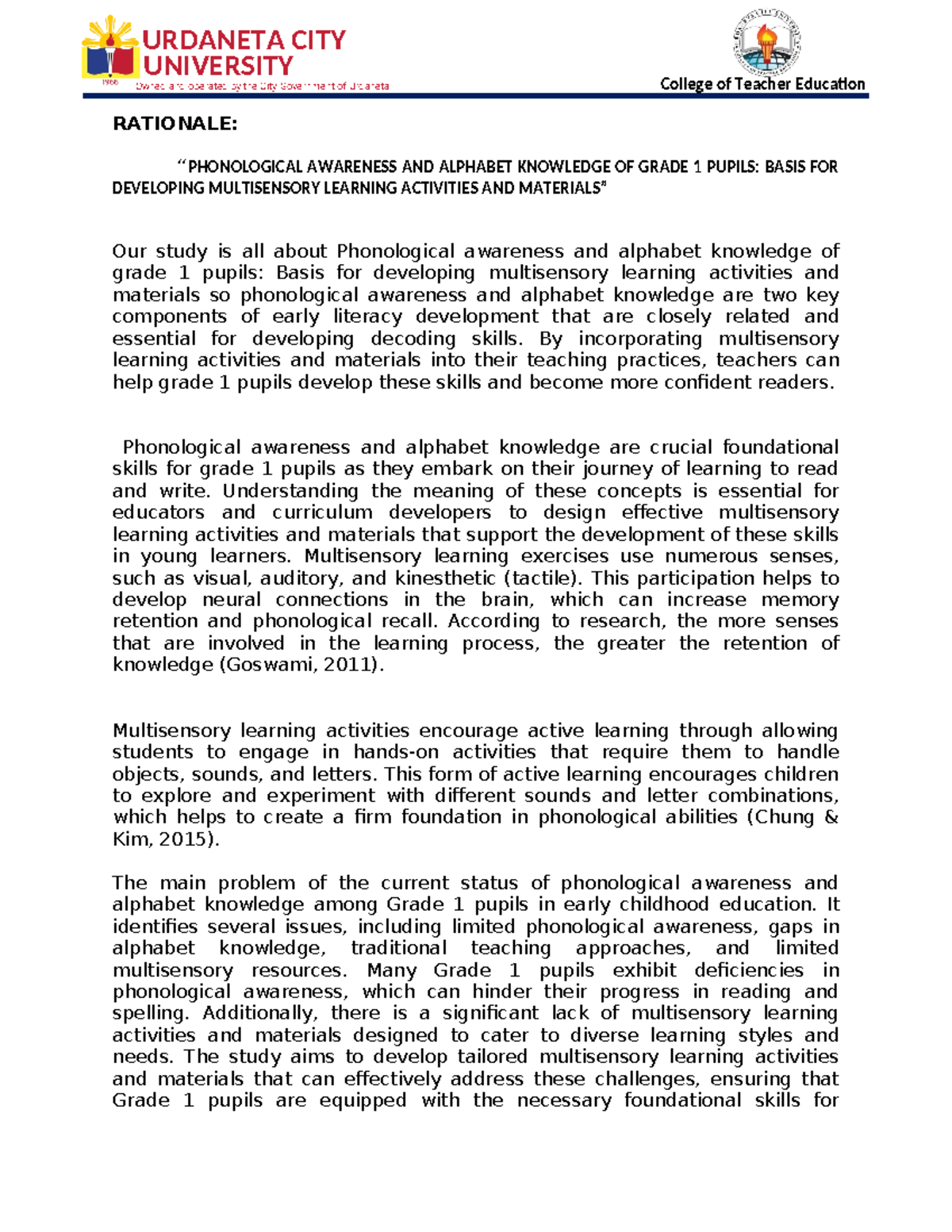 Rationale Multisensory Learning Activities AND Materials - UNIVERSITY ...