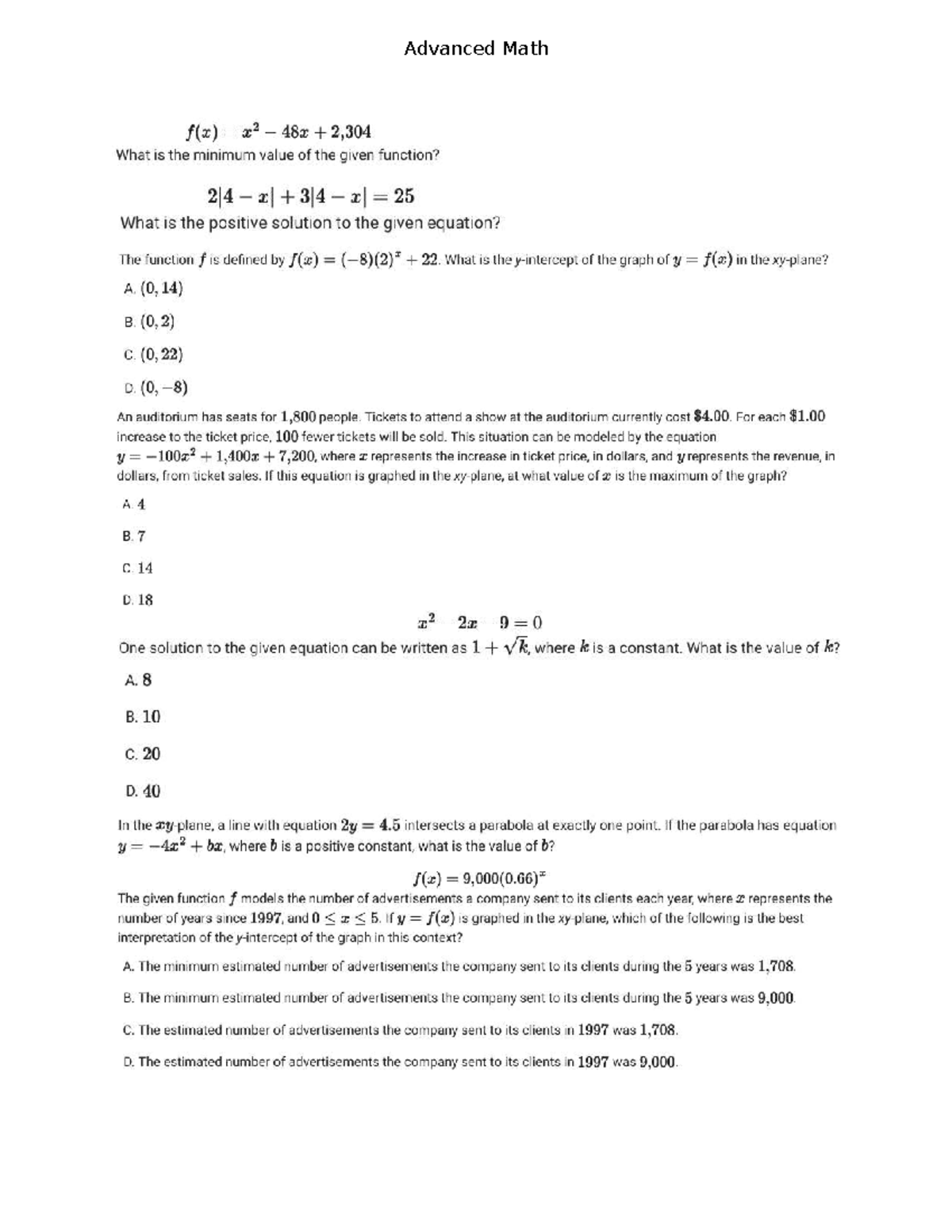 Advanced Math: Function Analysis and Graph Interpretations - Studocu