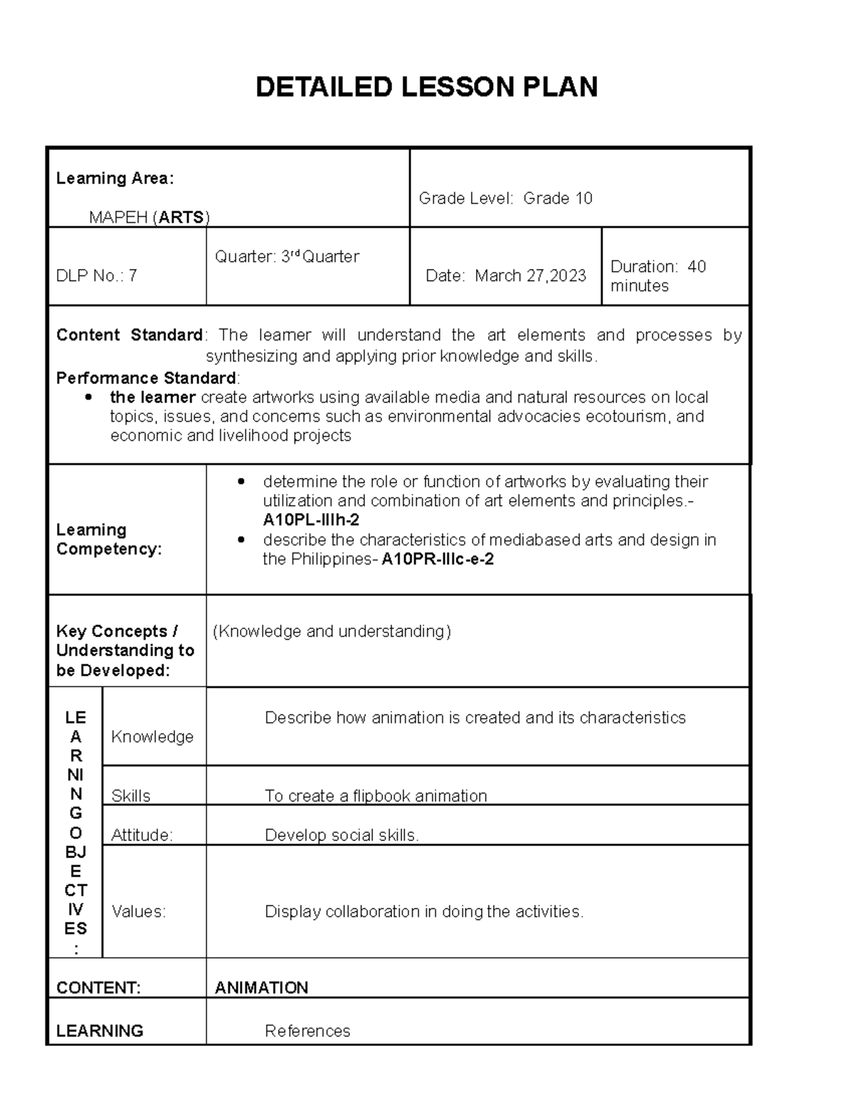LP FOR ARTS Animation - Grade 10 Detailed Lesson Plan - Studocu