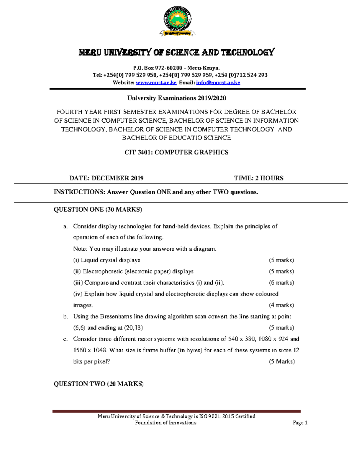 CIT 3401 Final Exam: Computer Graphics Questions & Solutions 2019 - Studocu