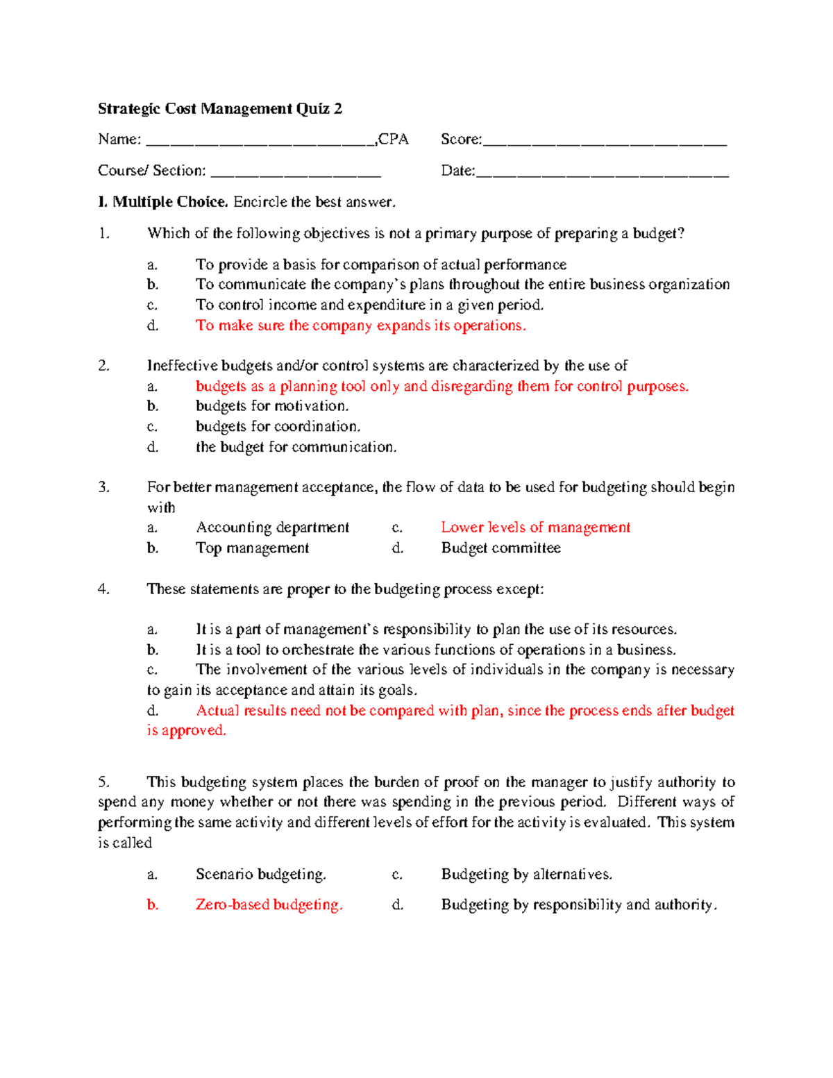 Strategic Cost Management Quiz 2: Answers and Key Concepts - Studocu