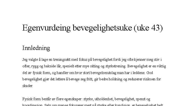 Egenvurdering Bevegelighetsuke (Uke 43) - Treningsøkt og Refleksjon ...